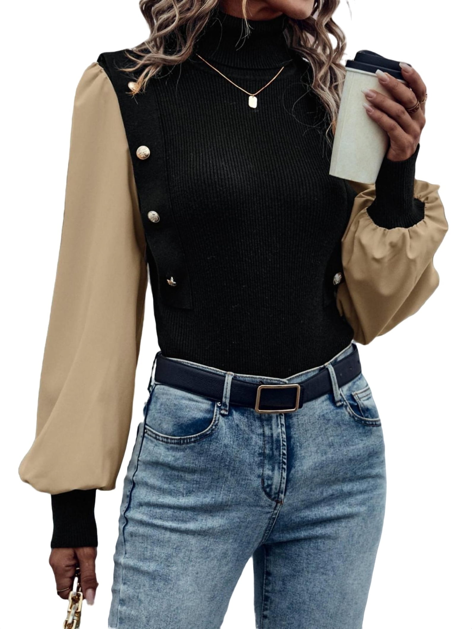 Casual Colorblock High Neck Pullovers Long Sleeve Multicolor Women ...