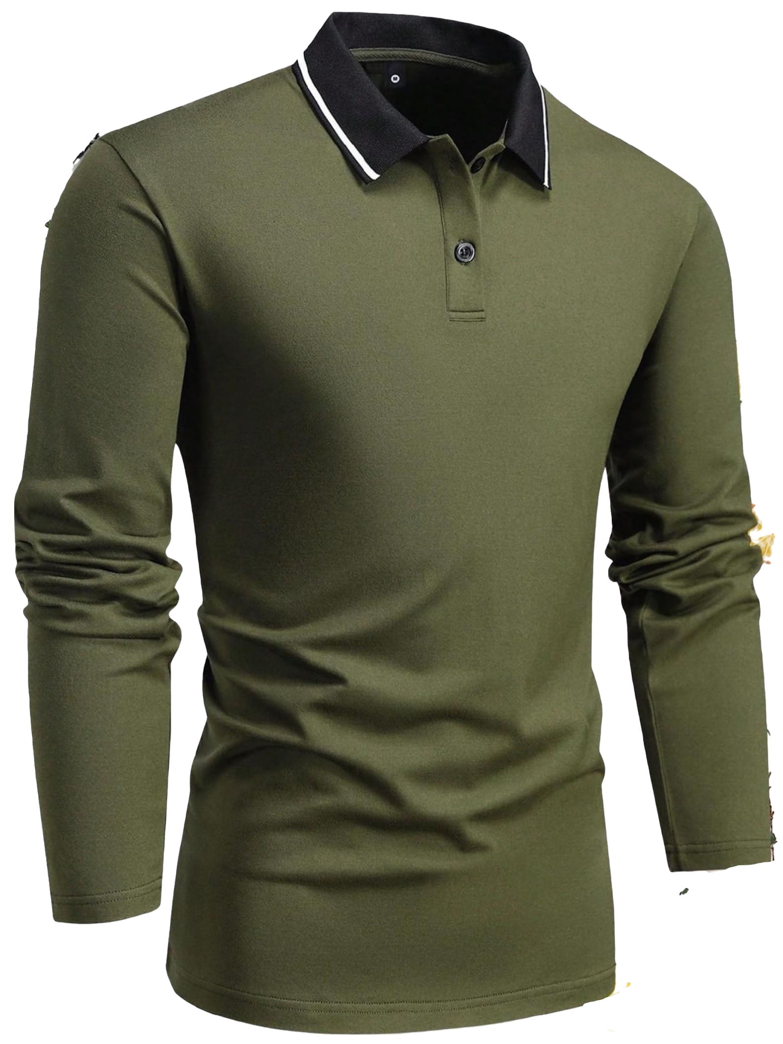 Casual Colorblock Polo Shirt Army Green Long Sleeve Men Polo Shirt ...