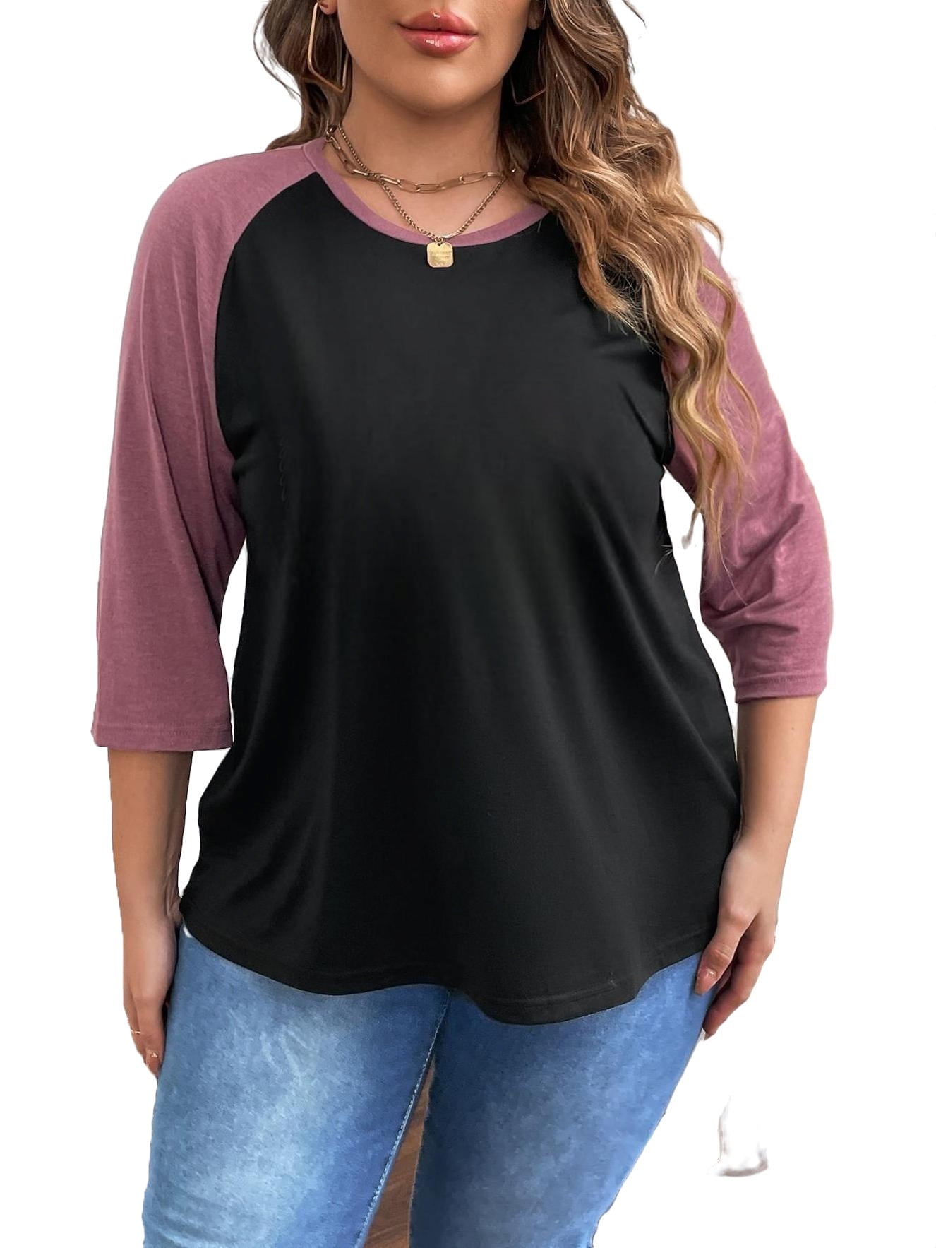 Casual Colorblock Round Neck 3/4 Sleeve Black Plus Size T-shirts (Women ...