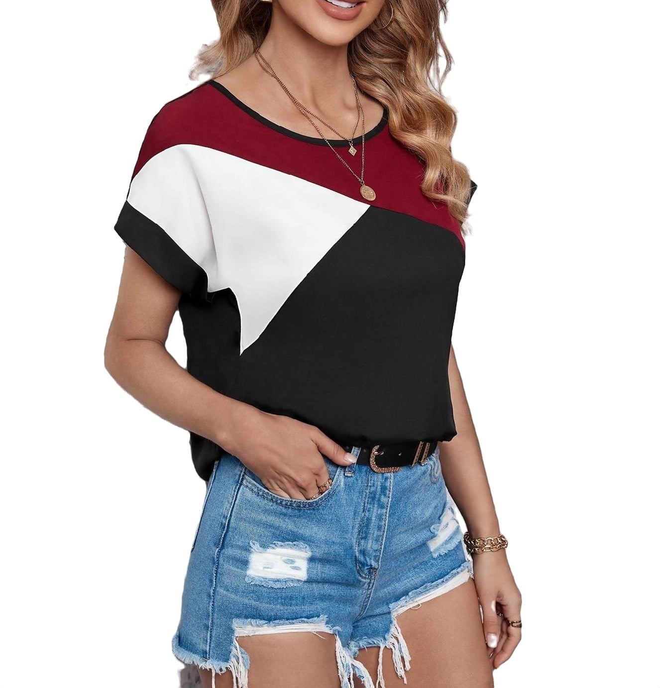 Casual Colorblock Round Neck Blouse Short Sleeve Women's Blouses (Women ...