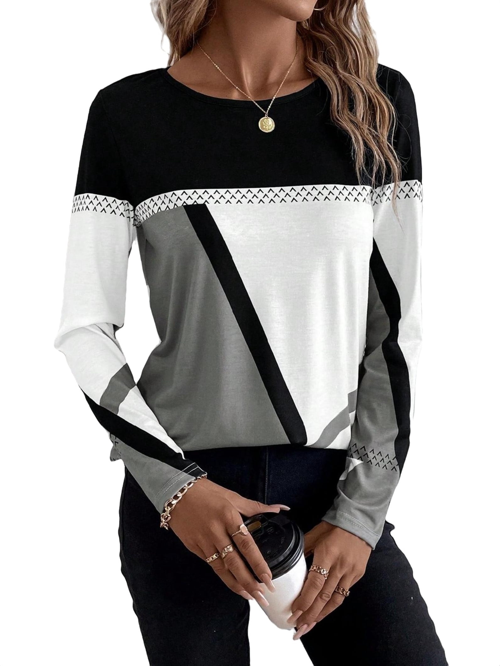 Casual Colorblock Round Neck Long Sleeve Multicolor Women T-Shirts ...