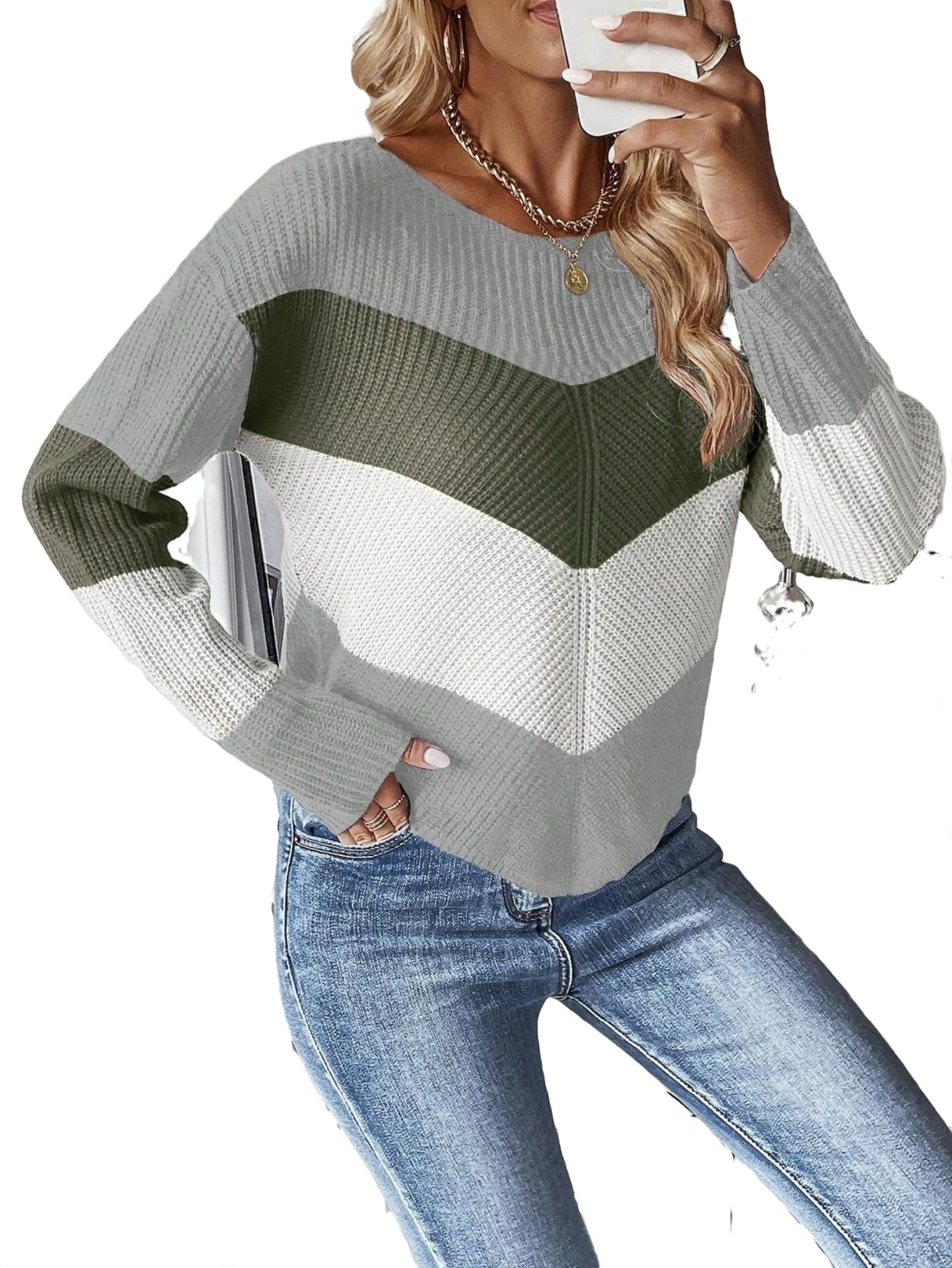 Casual Colorblock Round Neck Pullovers Long Sleeve Army Green Women ...