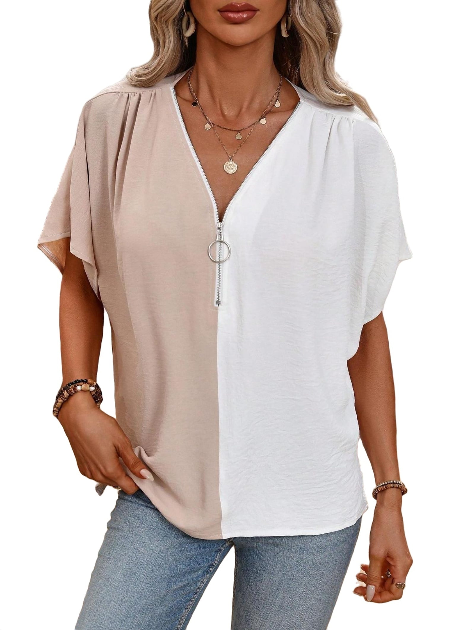 Casual Colorblock Top V neck Multicolor Short Sleeve Women's Blouses L ...