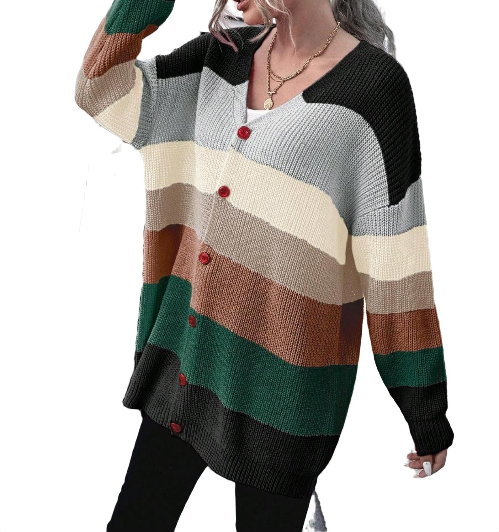 Casual Colorblock V neck Long Sleeve Multicolor Women Cardigans (Women ...
