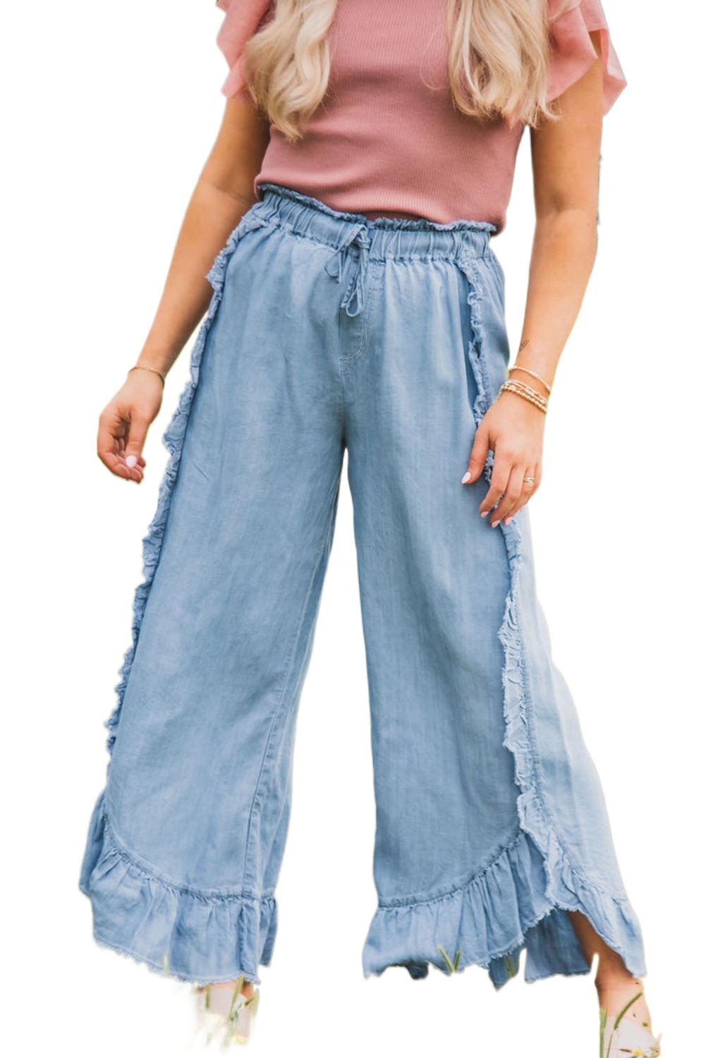 Casual Comfortable High Waist Jeans - Myosotis Blue Wide Leg with Raw ...