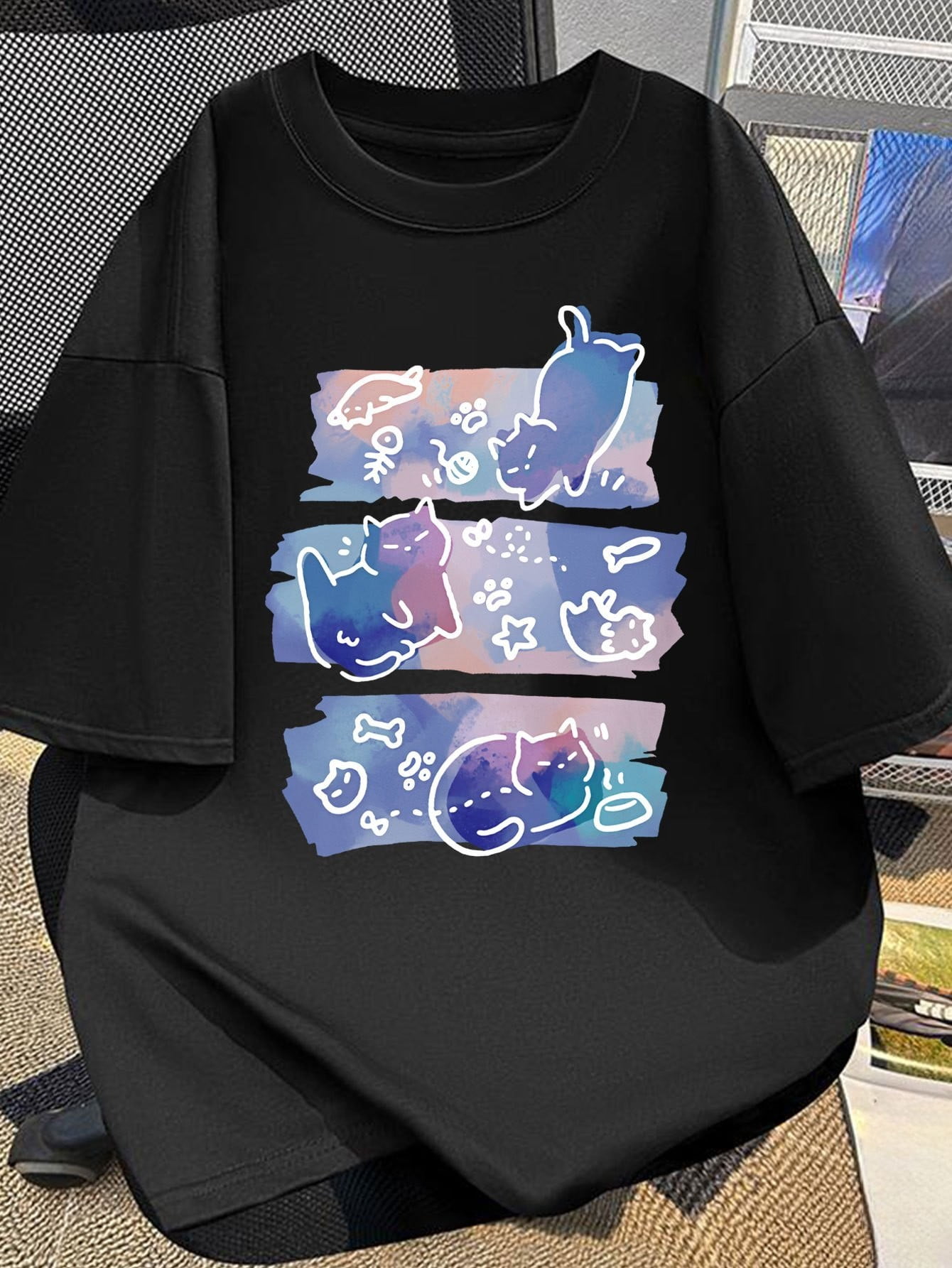 Casual Cotton Cat Print Short Sleeve Round Neck T-Shirt for Men - 1pc ...