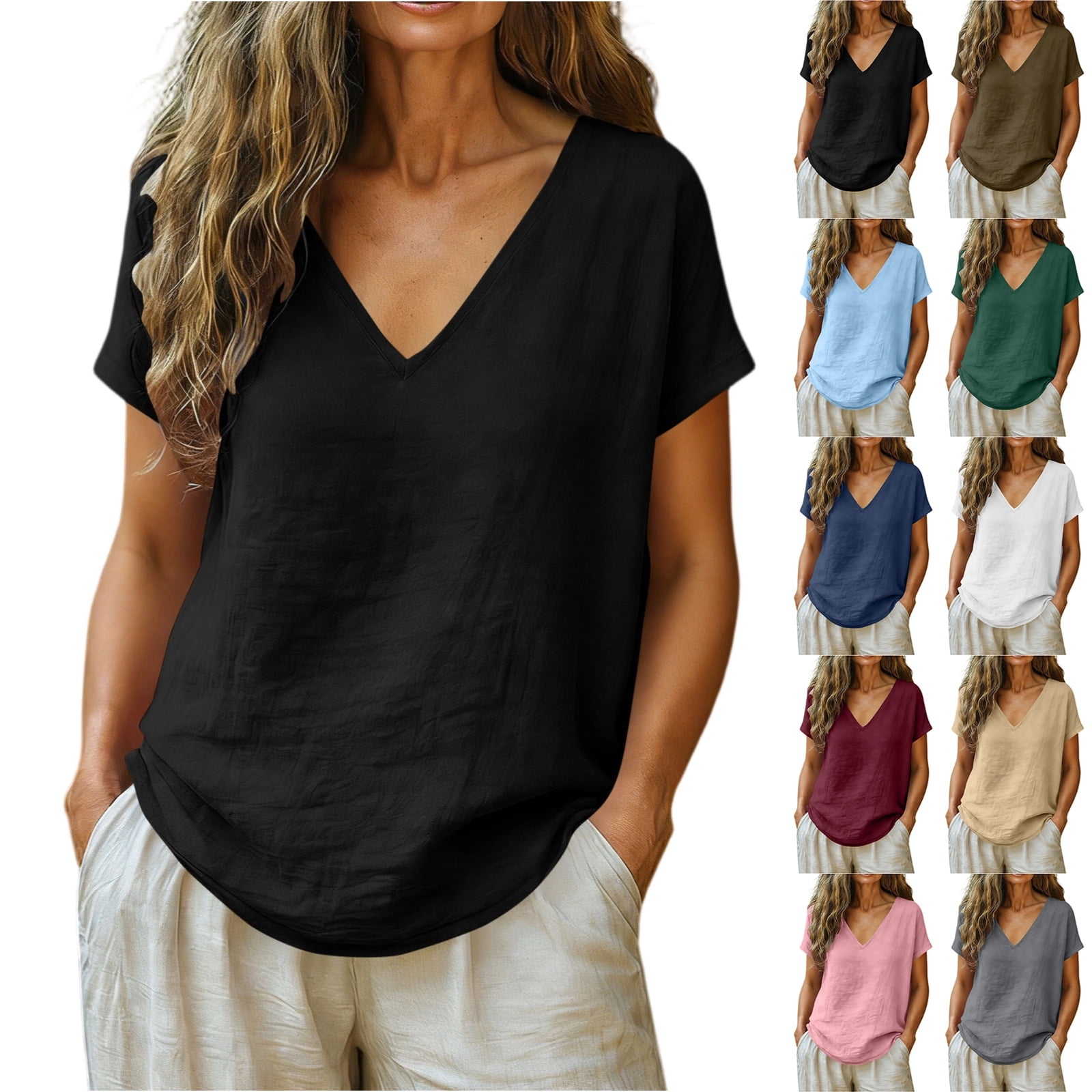 Casual Cotton Linen Blouses for Women V Neck Tops Short Sleeve Loose ...