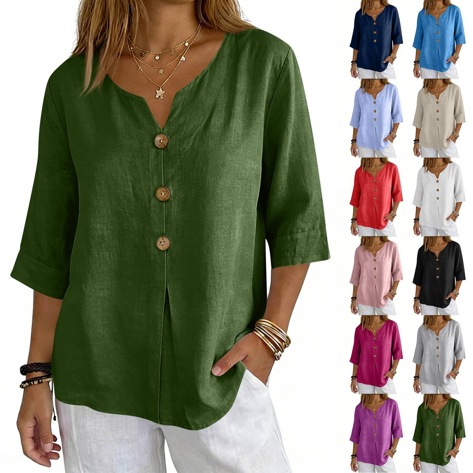 Casual Cotton Linen Shirts for Women Button Down Dress Shirt 3/4 Sleeve ...