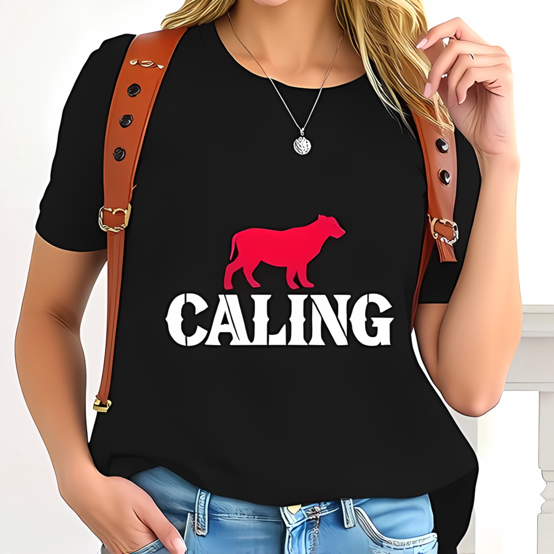 Casual Cotton Short Sleeve T-Shirt with Bold Red Feline and 'CALING ...