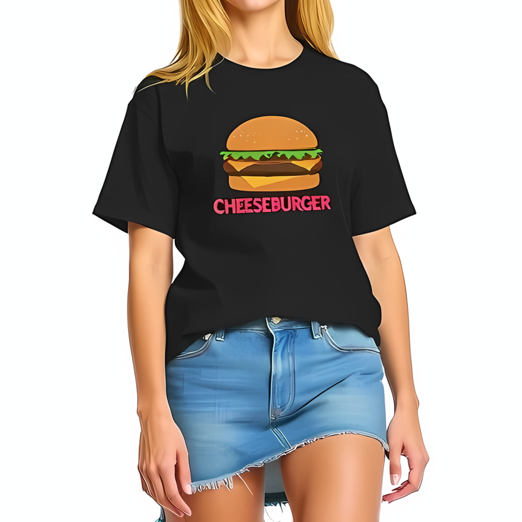 Casual Cotton Short Sleeve T-Shirt with Pink 'CHEESEBURGER' Graphic ...