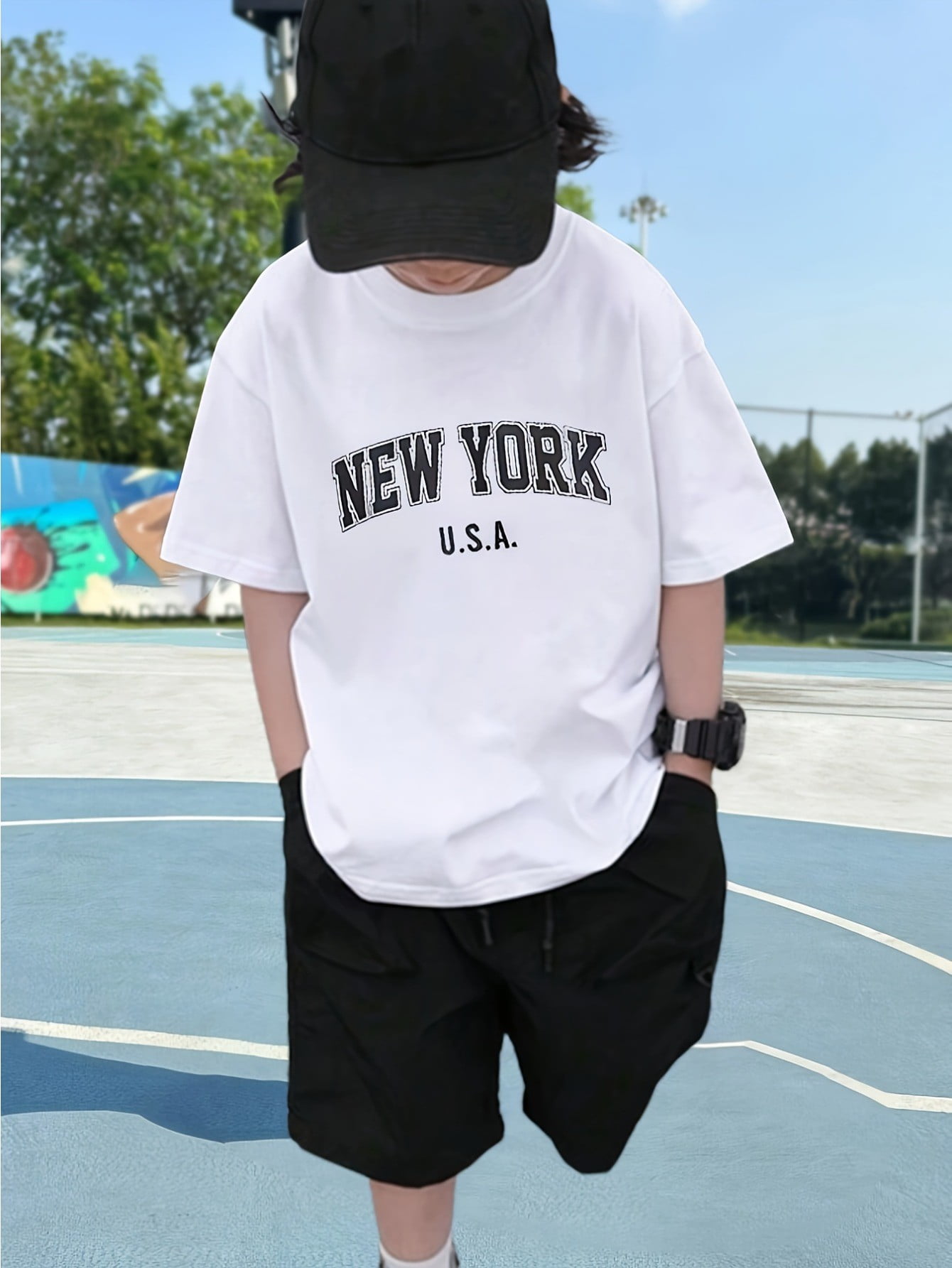 Casual Crew Neck Cotton T-Shirt, Alphabet Pattern, Medium Stretch, Knit ...