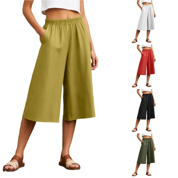 Casual Cropped Wide Leg Pants Summer Blend Loose Fit Comfortable ...