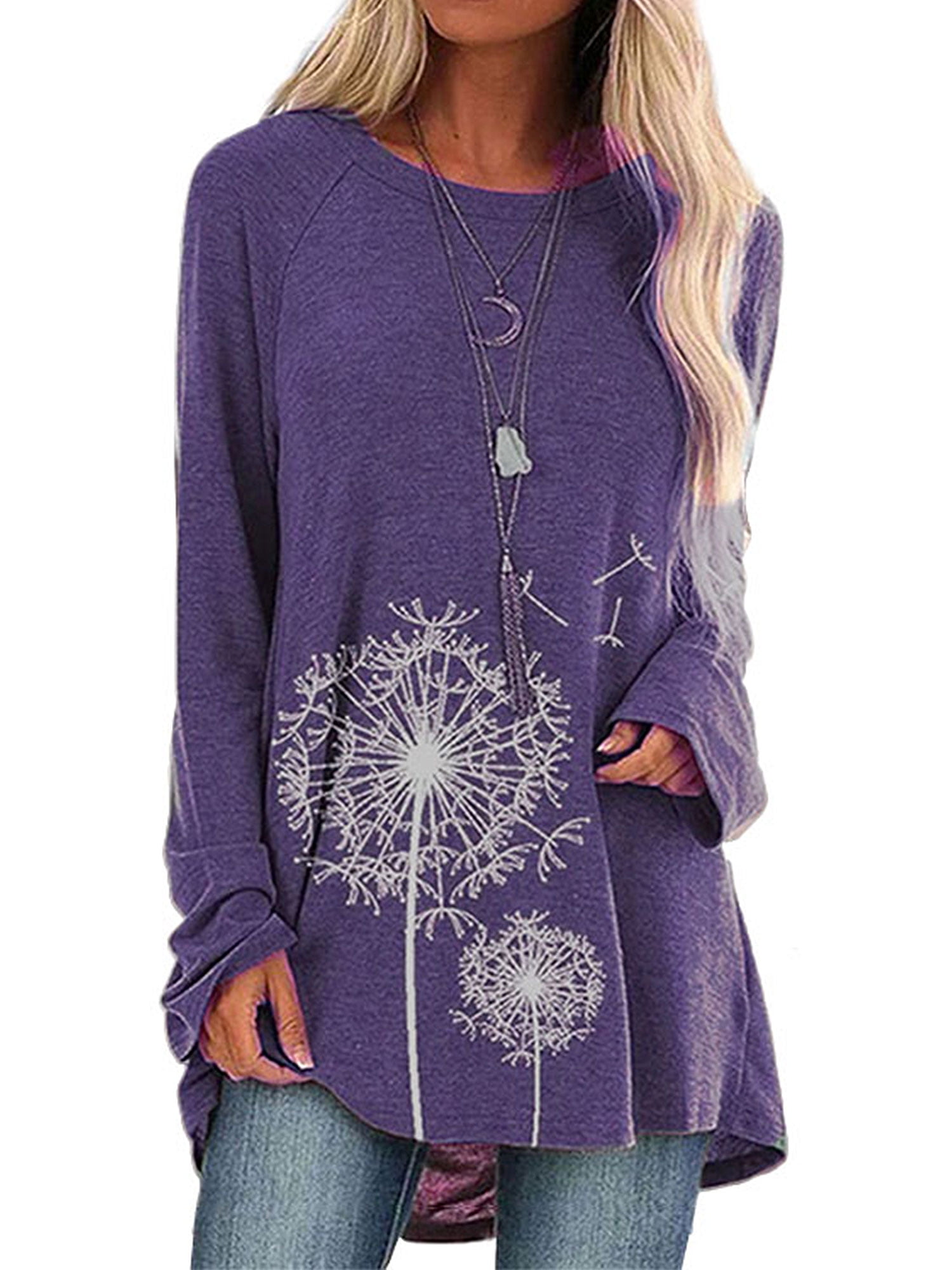 Casual Dandelion Print Longline Shirt for Women Plus Size Long Sleeve ...