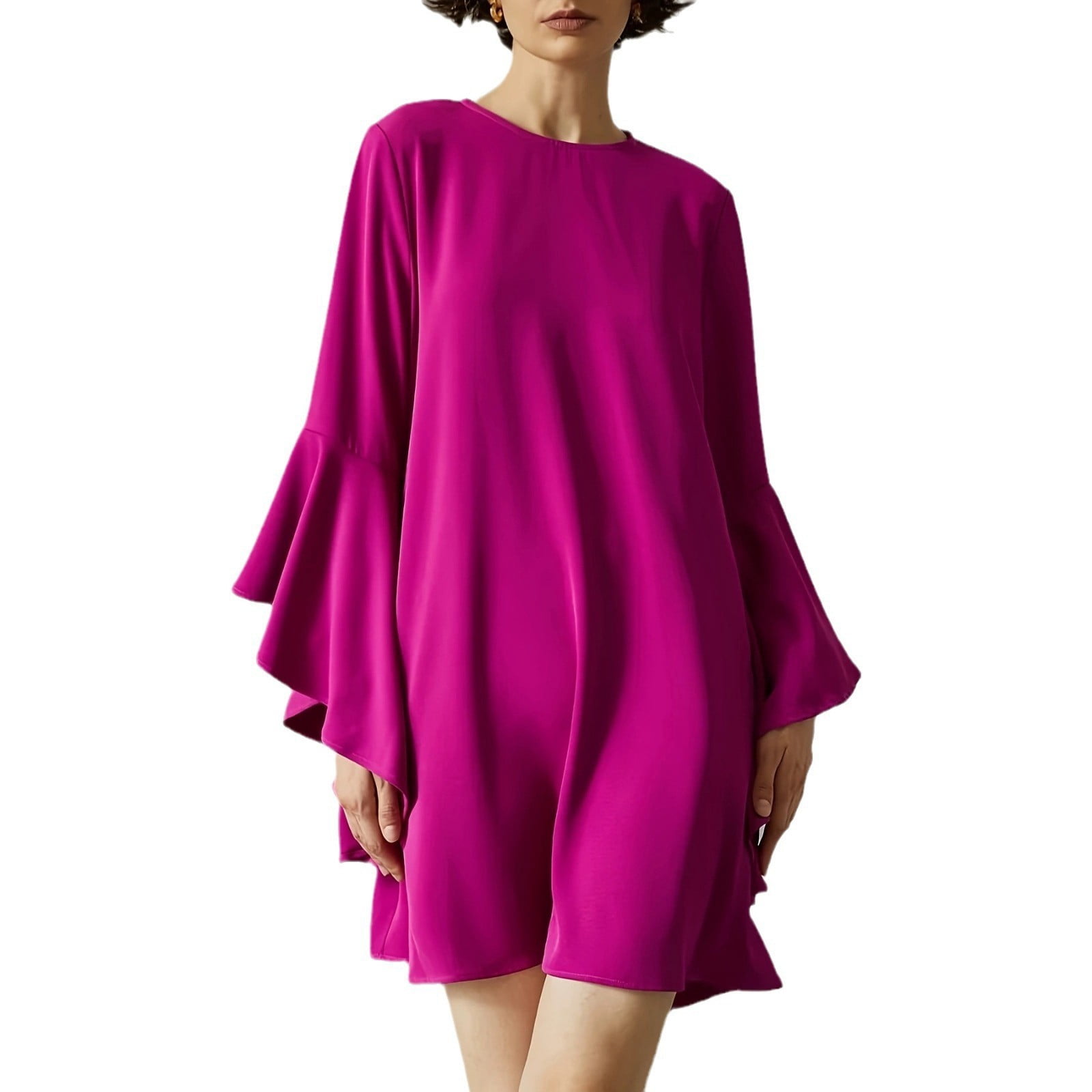 Casual Dress Ladies Leisure Elegant Ruffle Edge Sleeve Rose Red Dress ...