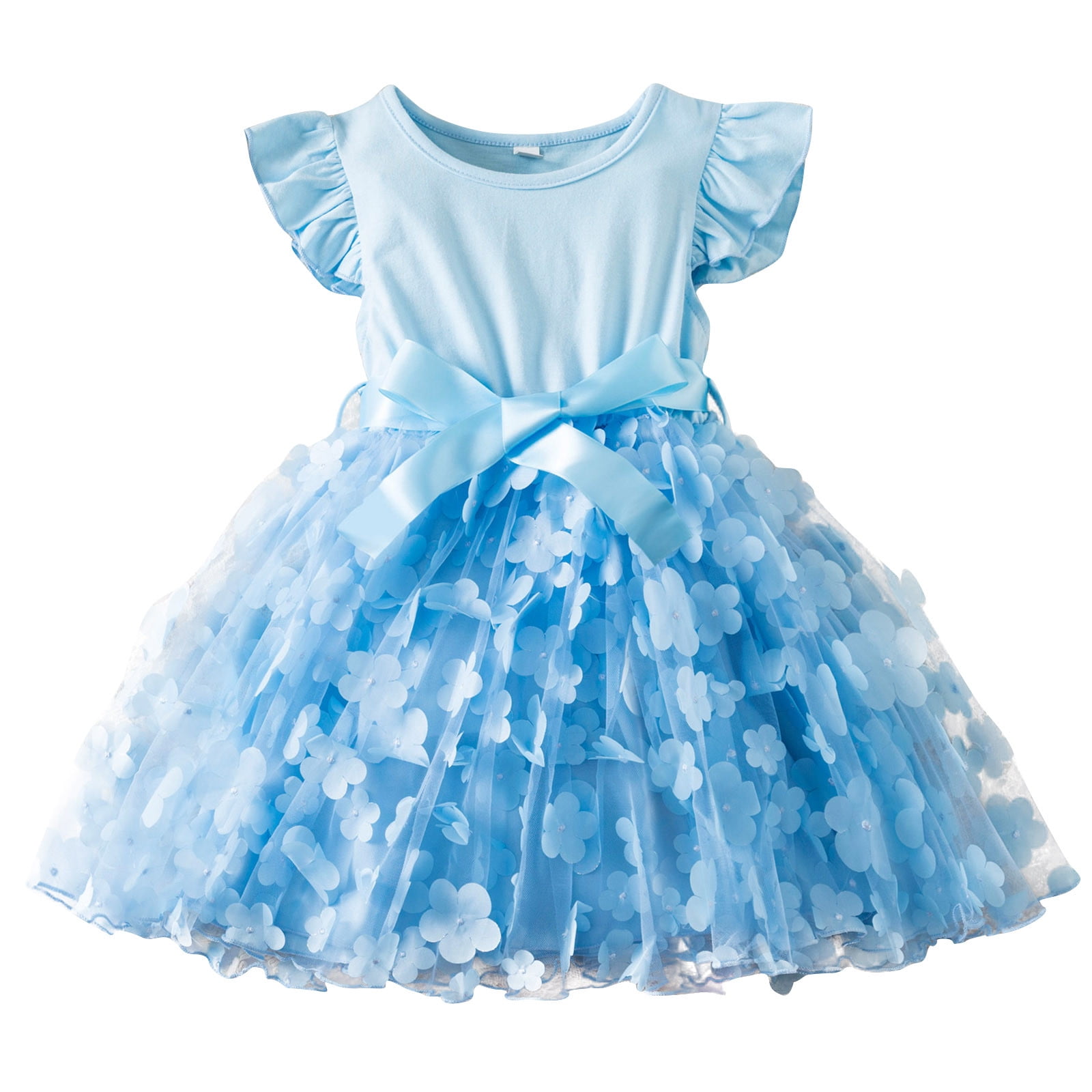 Casual Dress for Girl 5T Flutter Sleeve 3D Floral Tulle Cotton Dress 1 ...