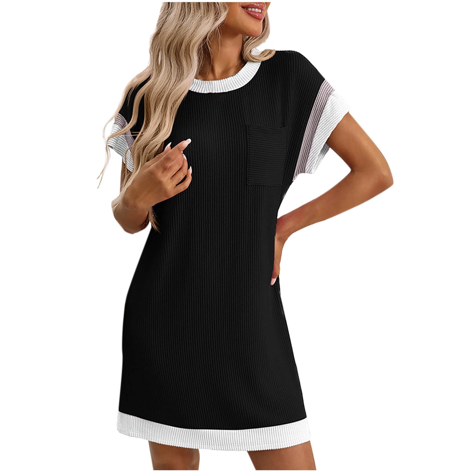Casual Dress for Women 2025 Fashion Crewneck Cap Sleeve Color Block ...