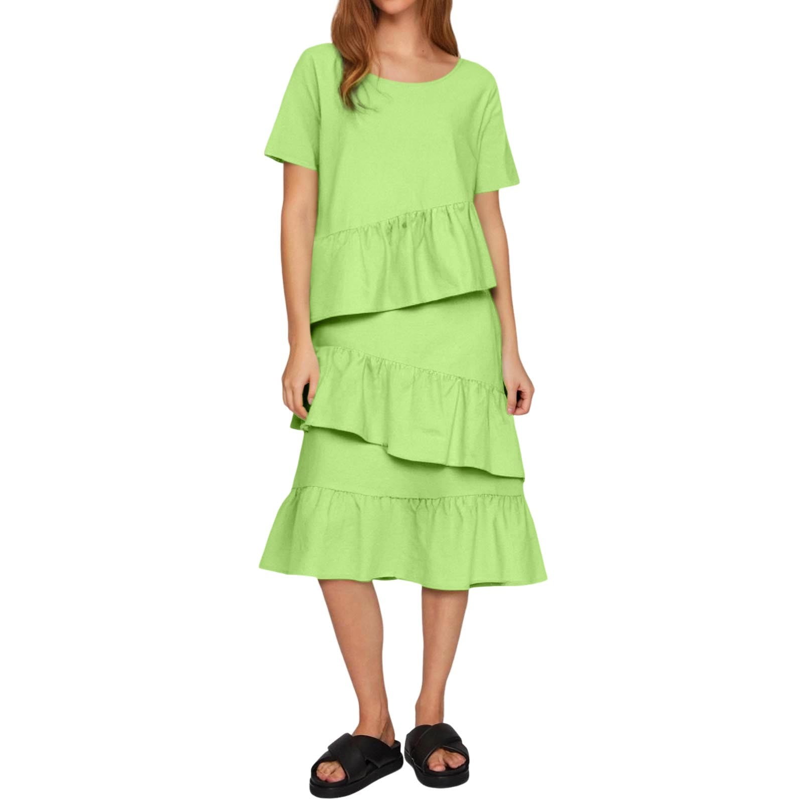 Casual Dresses For Womens Solid Color Spring Summer Linen Casual Round ...