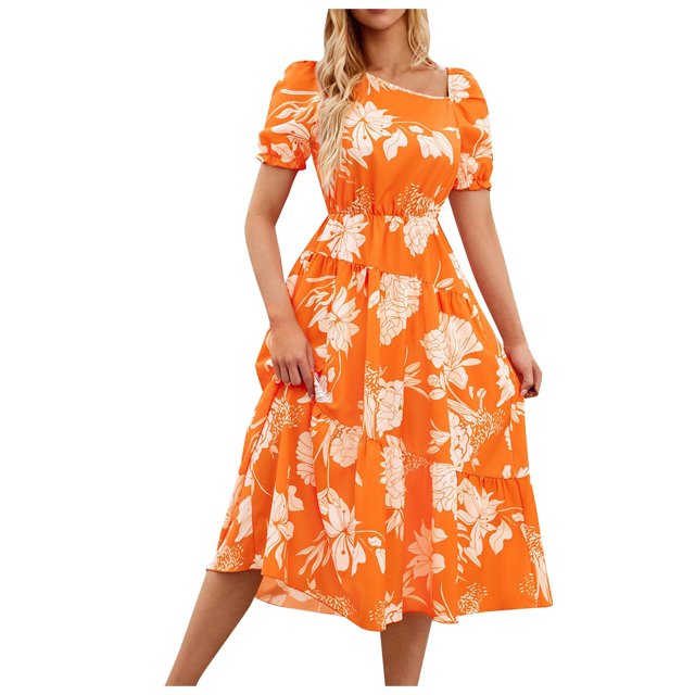 Casual Dresses For Women Short Sleeves Floral Print Diagonal Collar