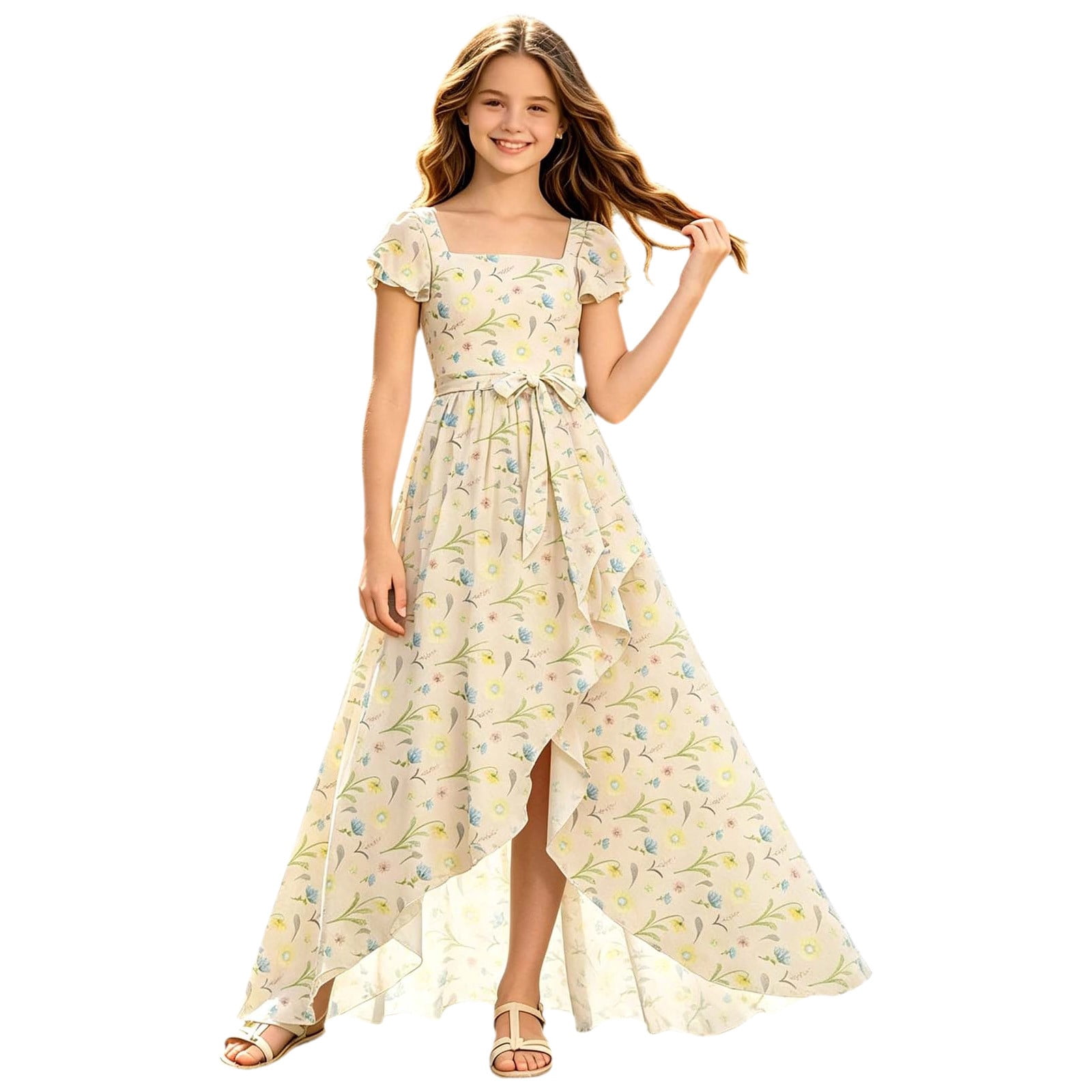 Casual Dresses for Girl Elegant Floral Flowing Ruffle Trim Party Beach ...