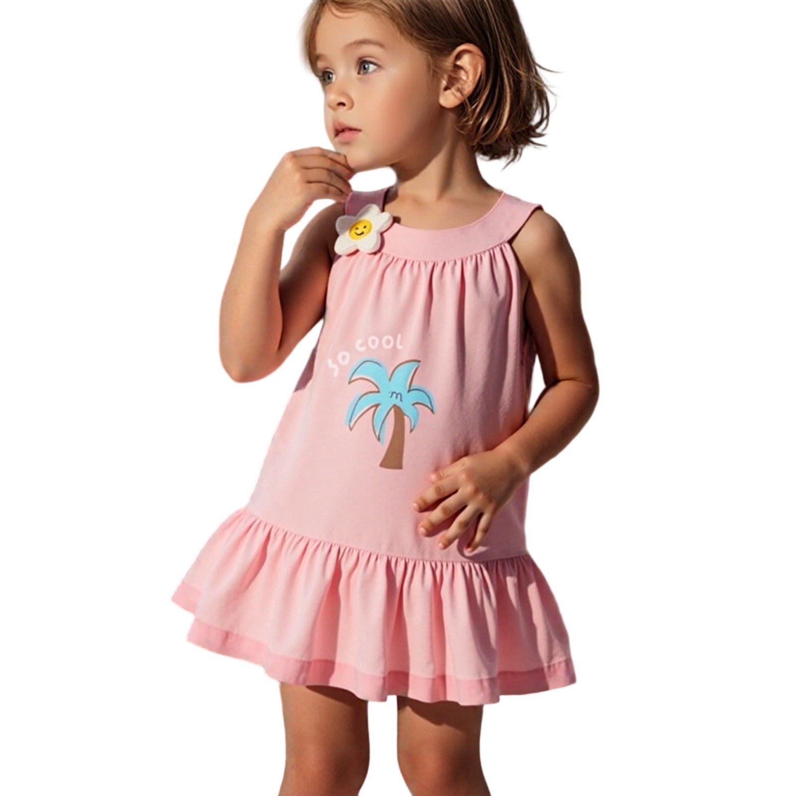 Casual Dresses for Girl Round Neck Sleeveless Coconut Tree Print ...