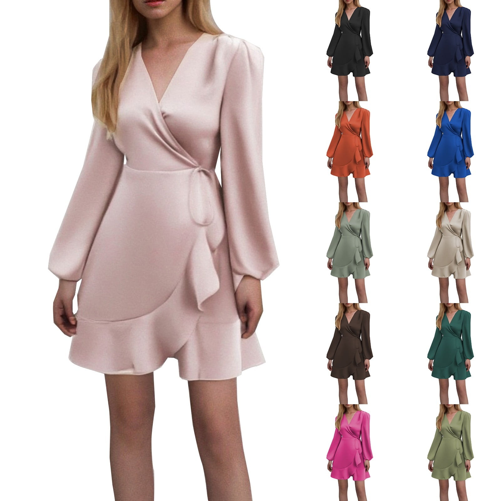 Casual Dresses for Women Elegant Long Sleeve V Neck Satin Dress with ...