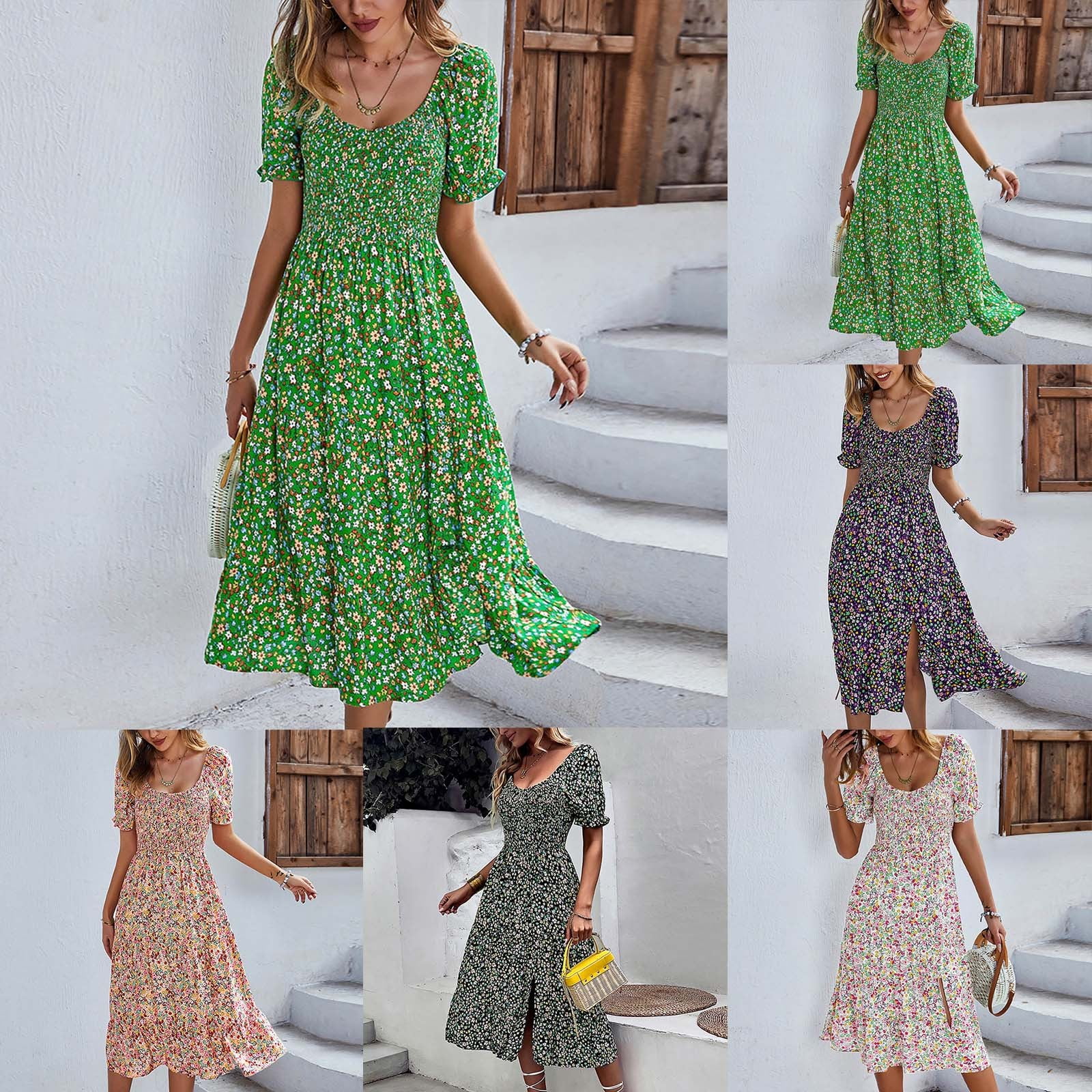 Casual Dresses for Women Floral Print Short Sleeve Smocked Split Swing ...