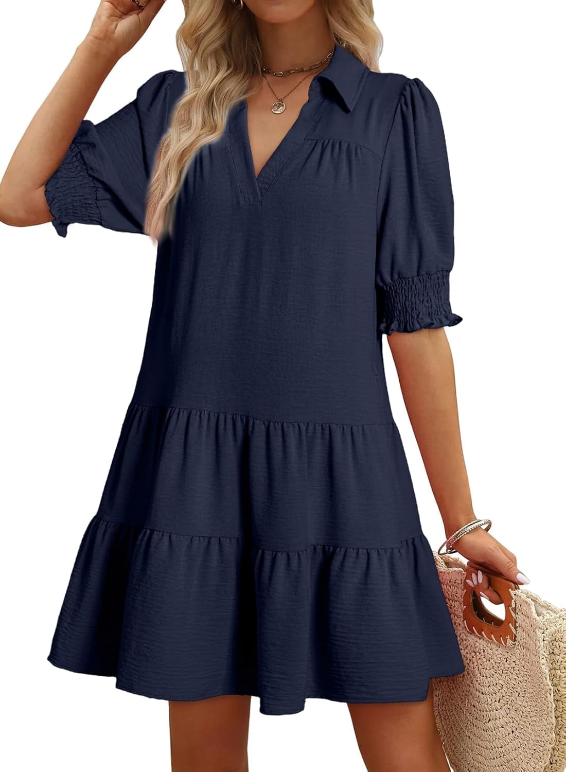 Casual Dresses for Women Lapel Collared V Neck Mid Sleeved Pleated ...