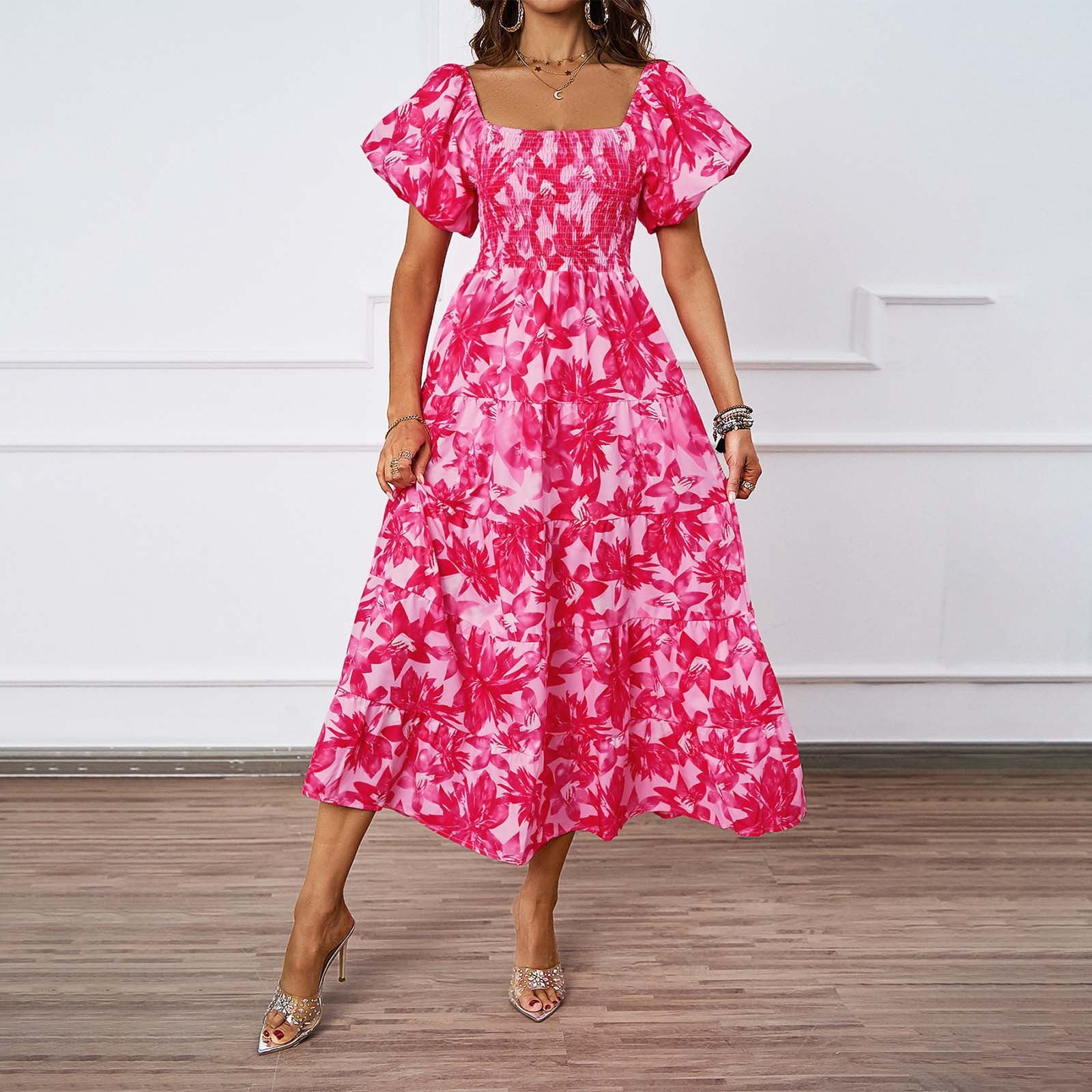 Casual Dresses for Women Puff Sleeve Tiered Ruffles Off Shoulder ...