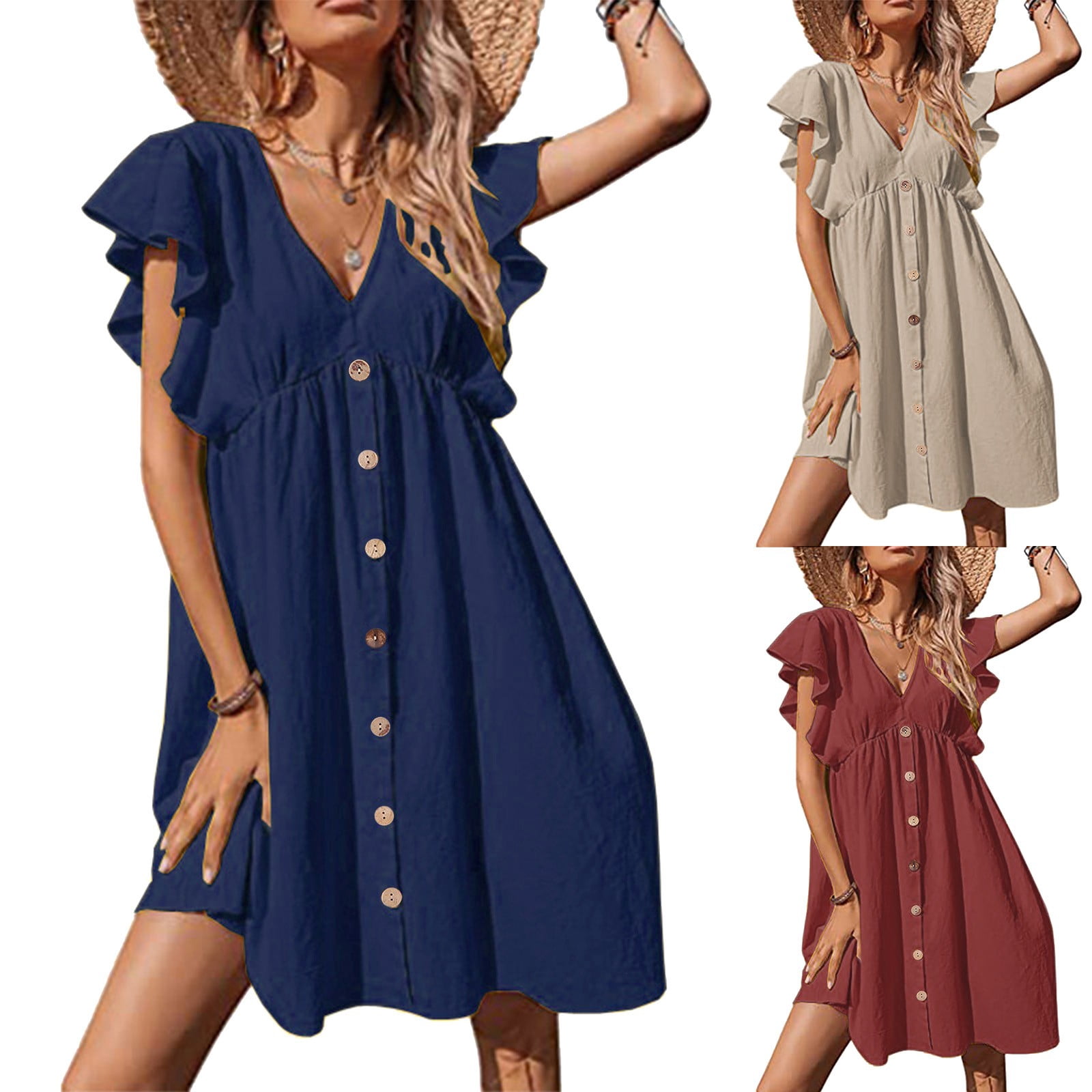 Casual Dresses for Women Ruffle Sleeve Pleated V Neck Button Down A ...