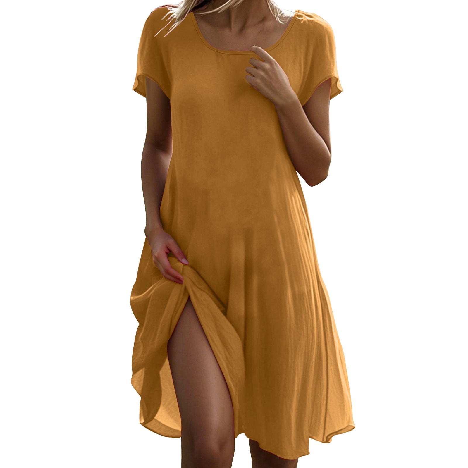 Casual Dresses for Women Solid Color Linen Short Sleeved Round Neck ...