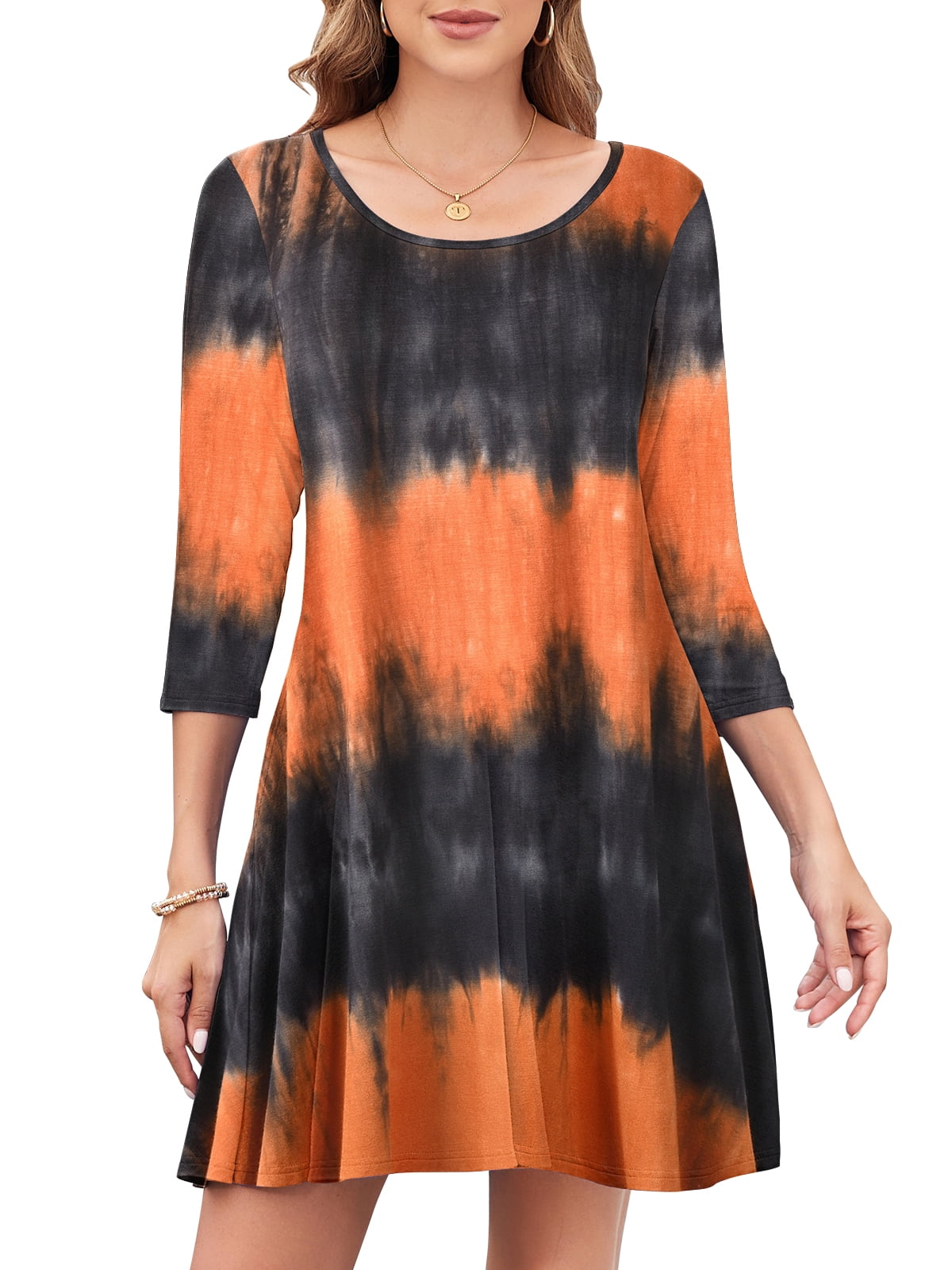 Casual Fall Dresses for Women, 3/4 Sleeve T Shirt Dress Crew Neck Flowy ...