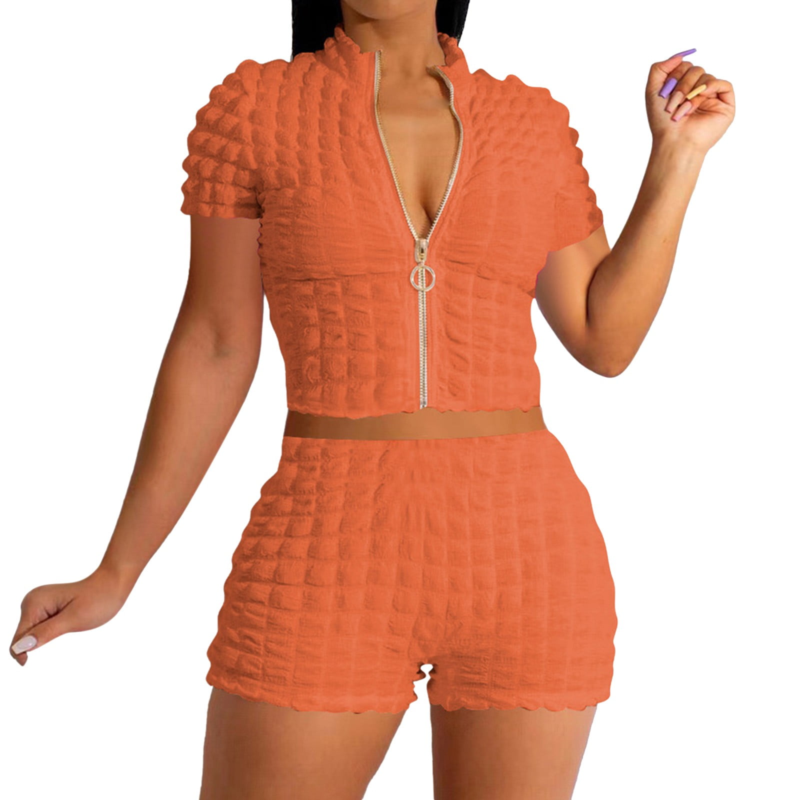 Casual Fashion Set Women's Shorts Set Sexy Stand Neck Zippered Cardigan ...