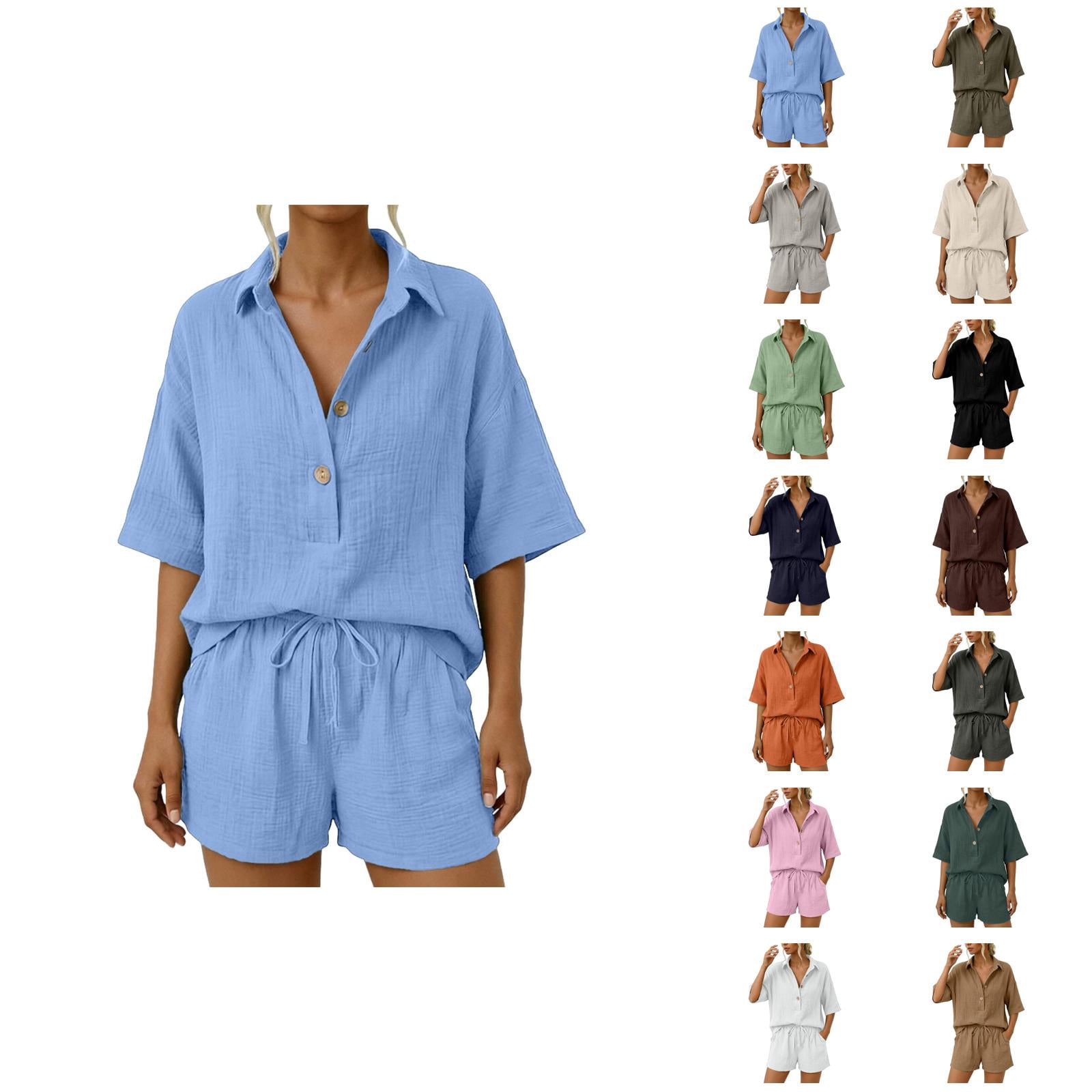 Casual Fashion Shorts Pure Color Blend Shirt And Shorts Two Piece ...