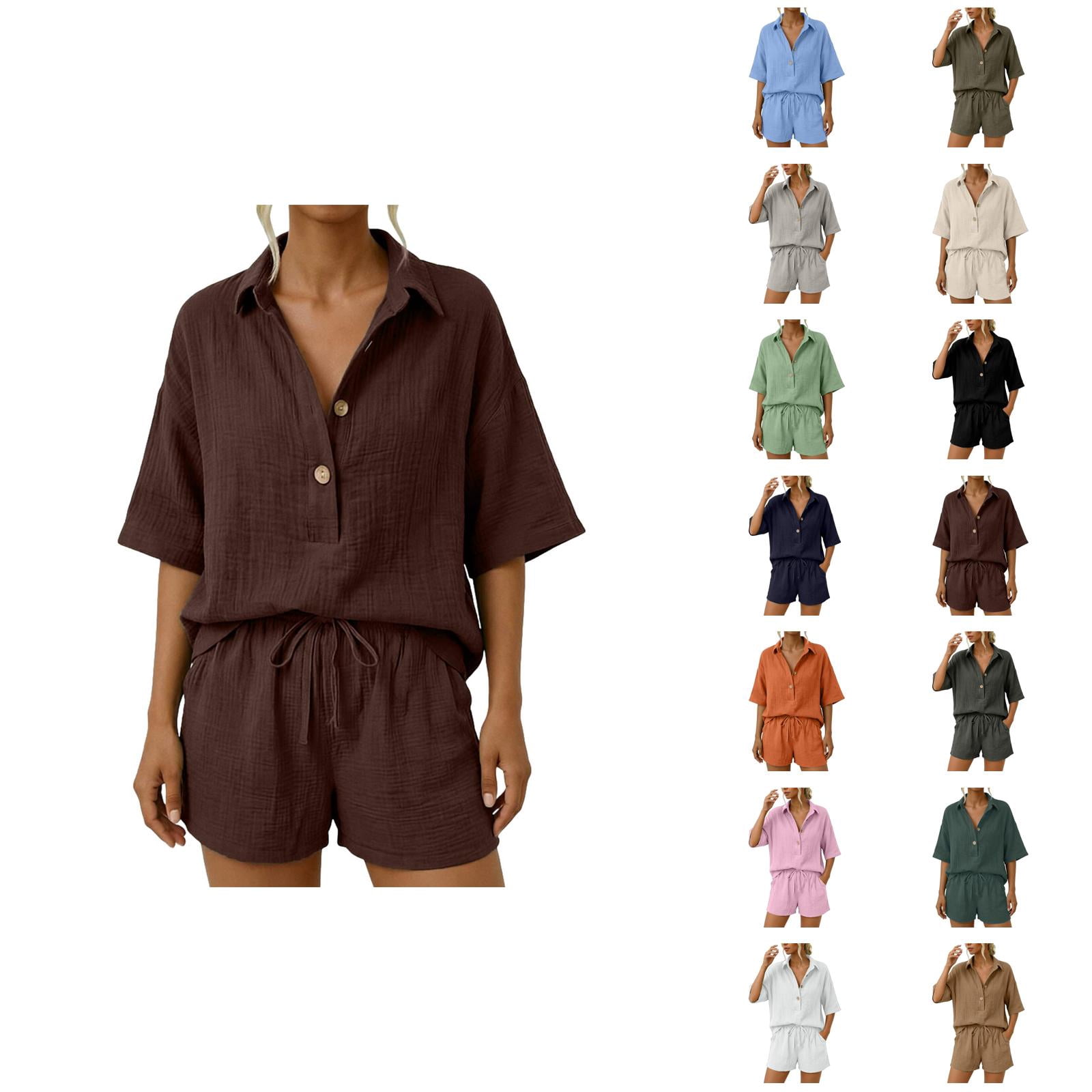 Casual Fashion Shorts Pure Color Blend Shirt And Shorts Two Piece ...