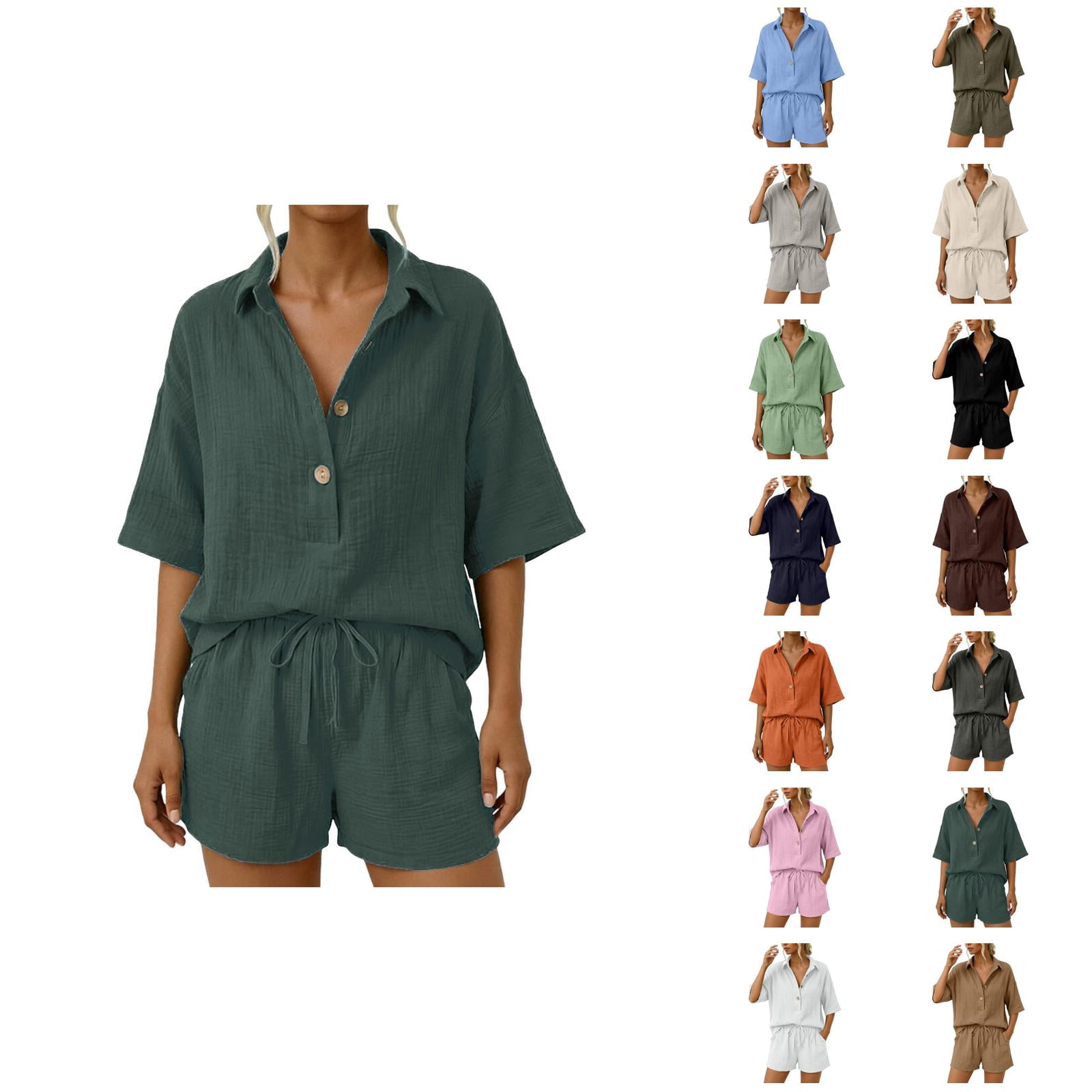 Casual Fashion Shorts Pure Color Blend Shirt And Shorts Two Piece ...