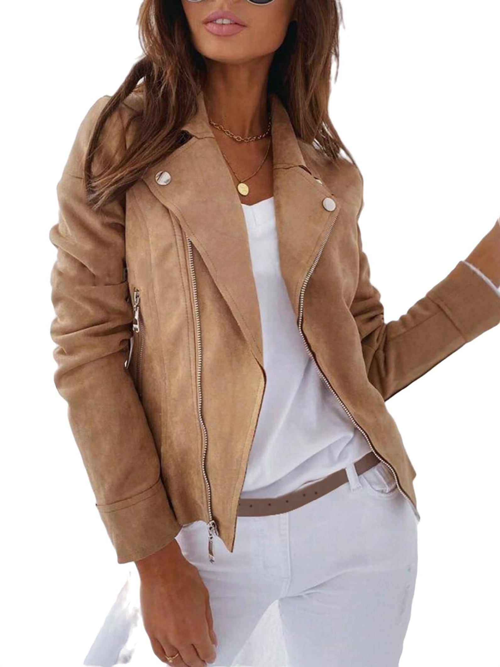 Casual Fitted Short Stand Collar Zipper Jacket with Button Decor and ...