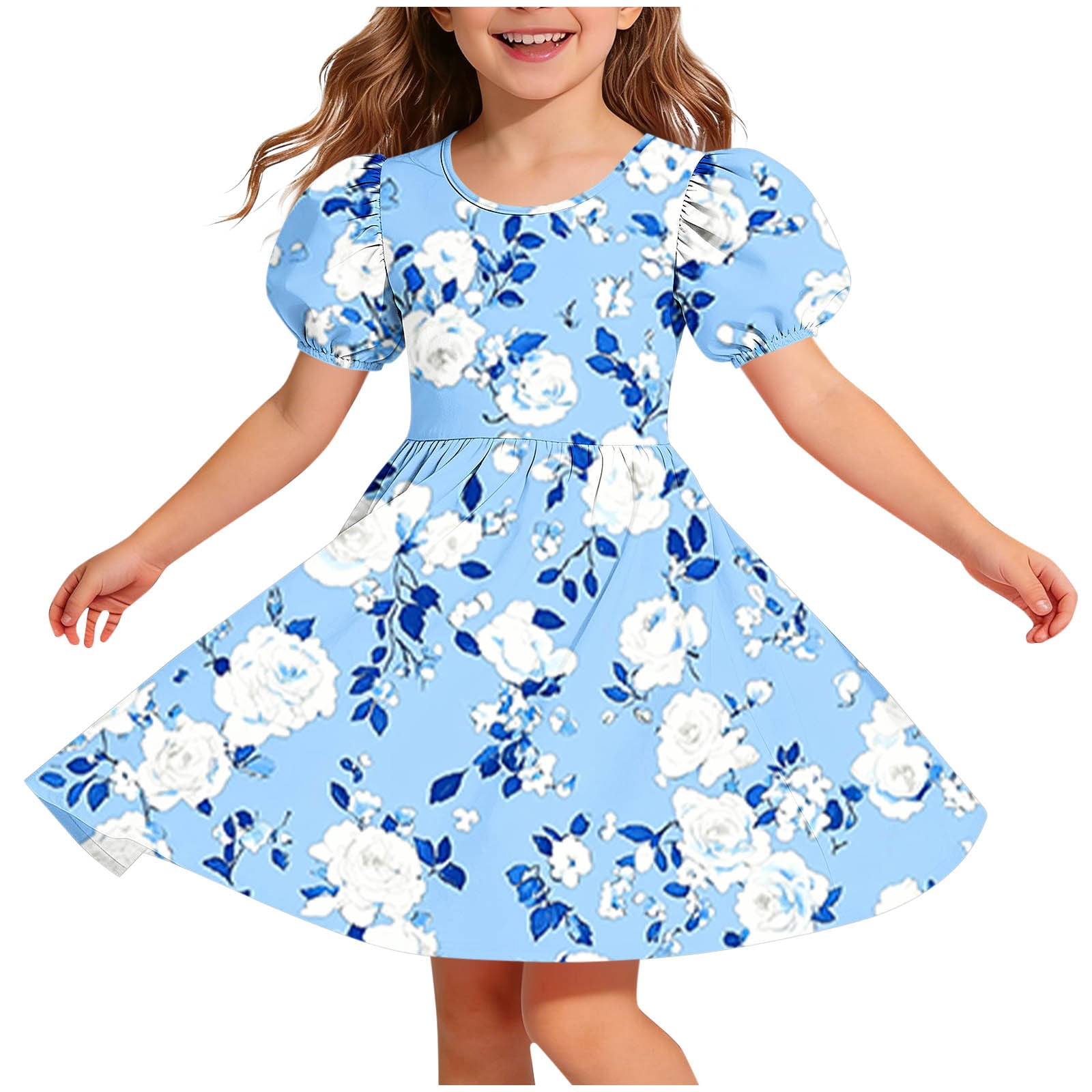 Casual Floral Dresses Girls Kids Puff Sleeve Cross Back Summer Dress ...
