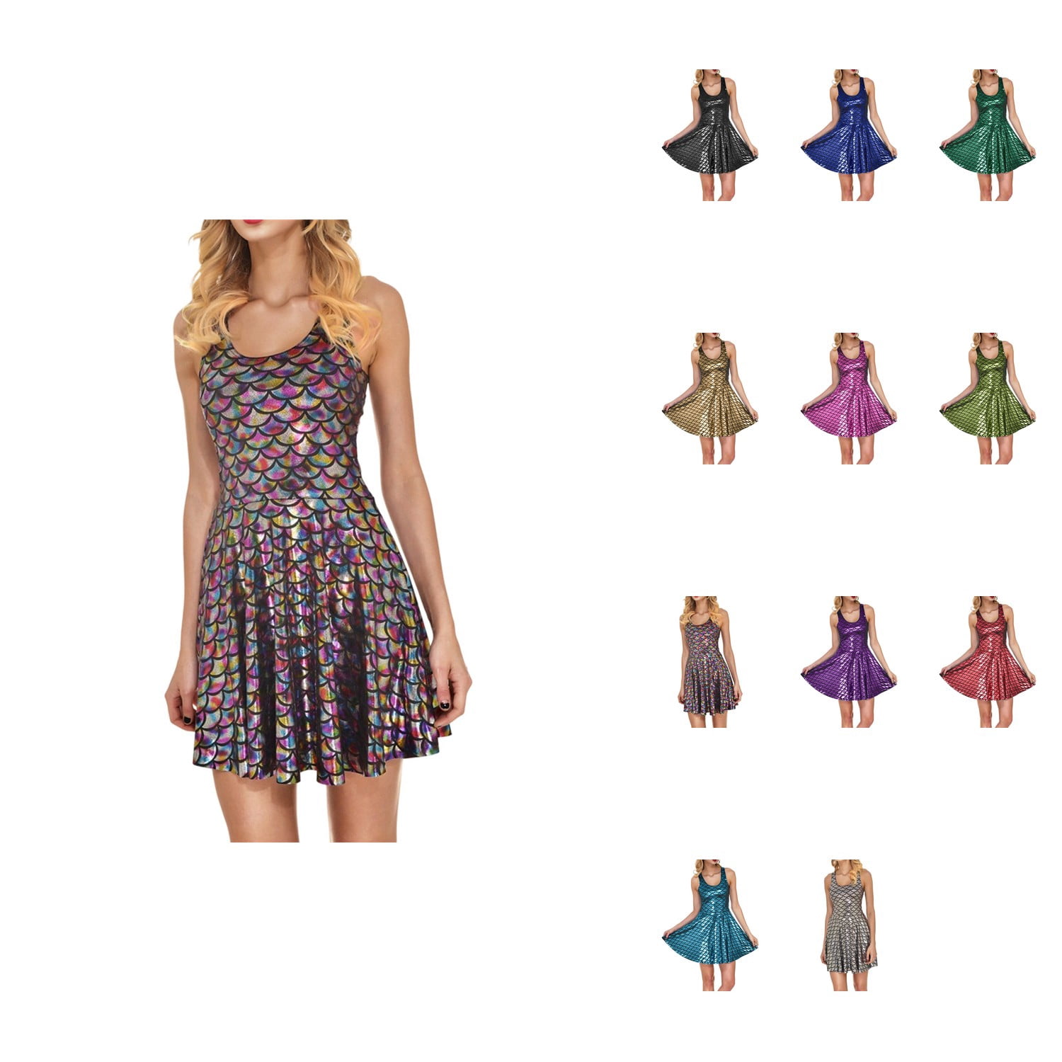 Casual Floral Print Neon Sequin Scale Glossy A-Line Party Dress with ...