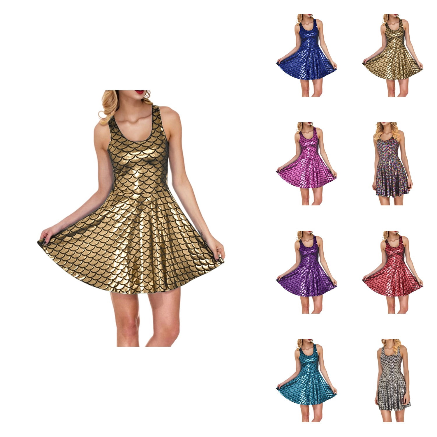 Casual Floral Print Neon Sequin Scale Glossy A-Line Party Dress with ...