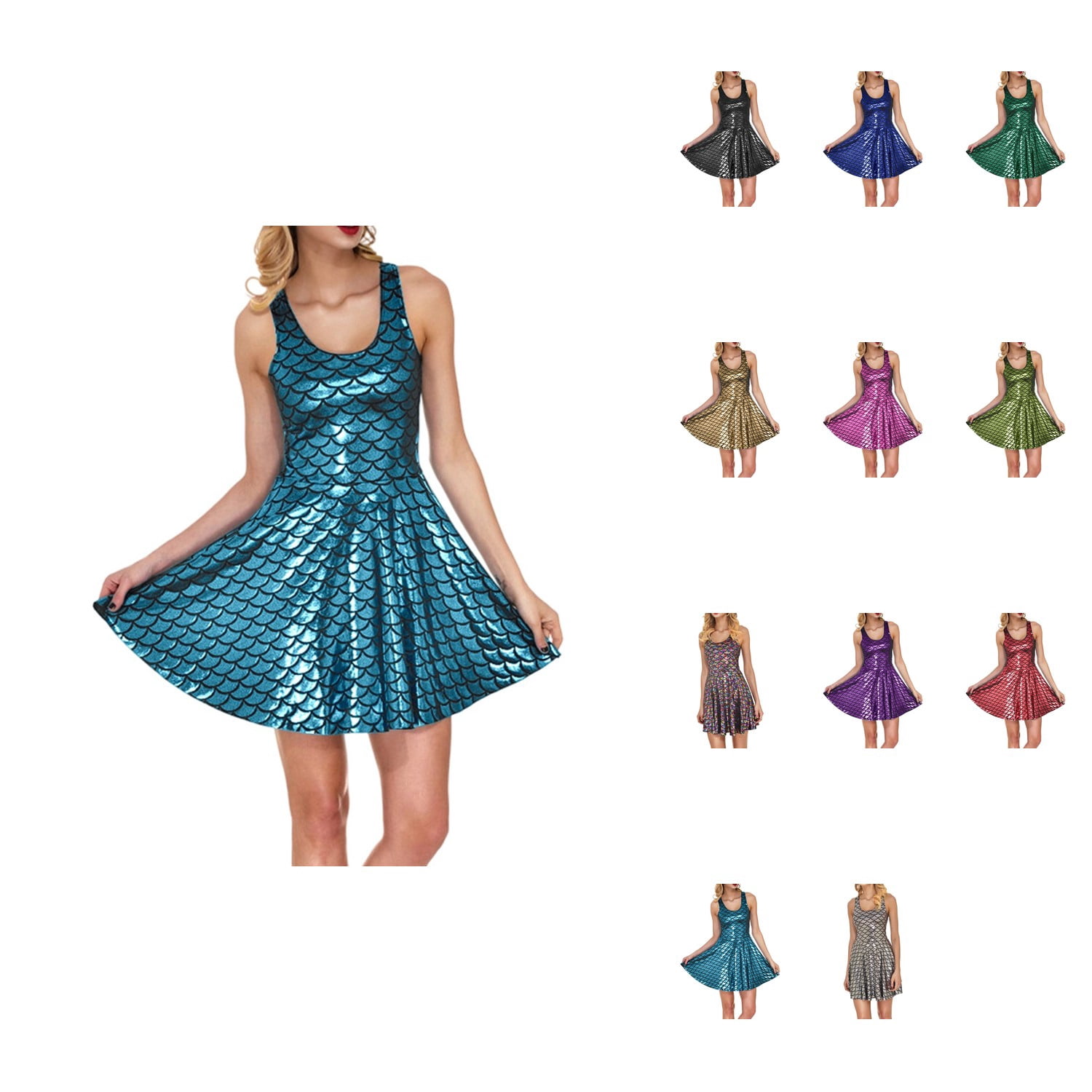 Casual Floral Print Neon Sequin Scale Glossy A-Line Party Dress with ...