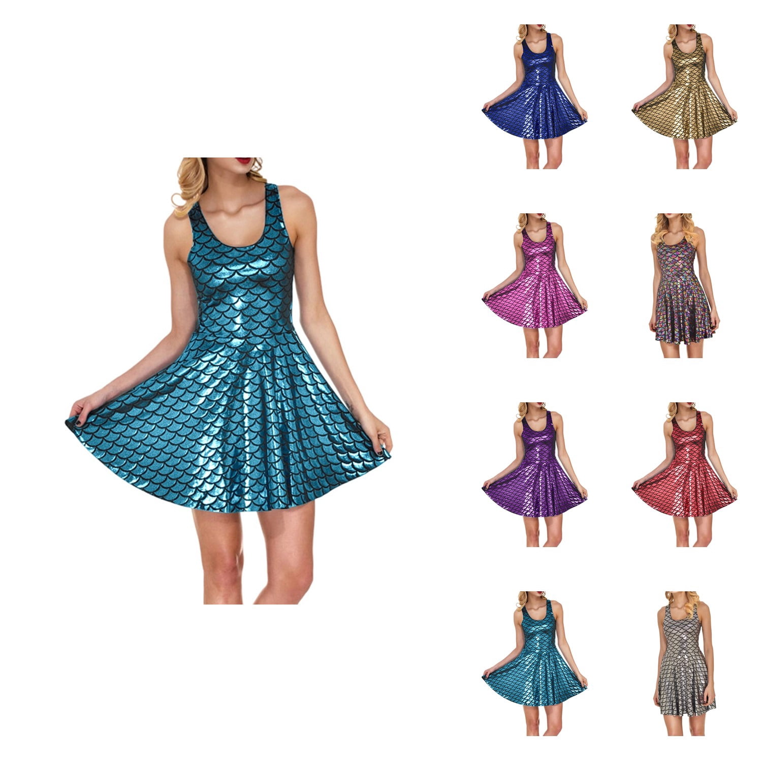 Casual Floral Print Neon Sequin Scale Glossy A-Line Party Dress with ...