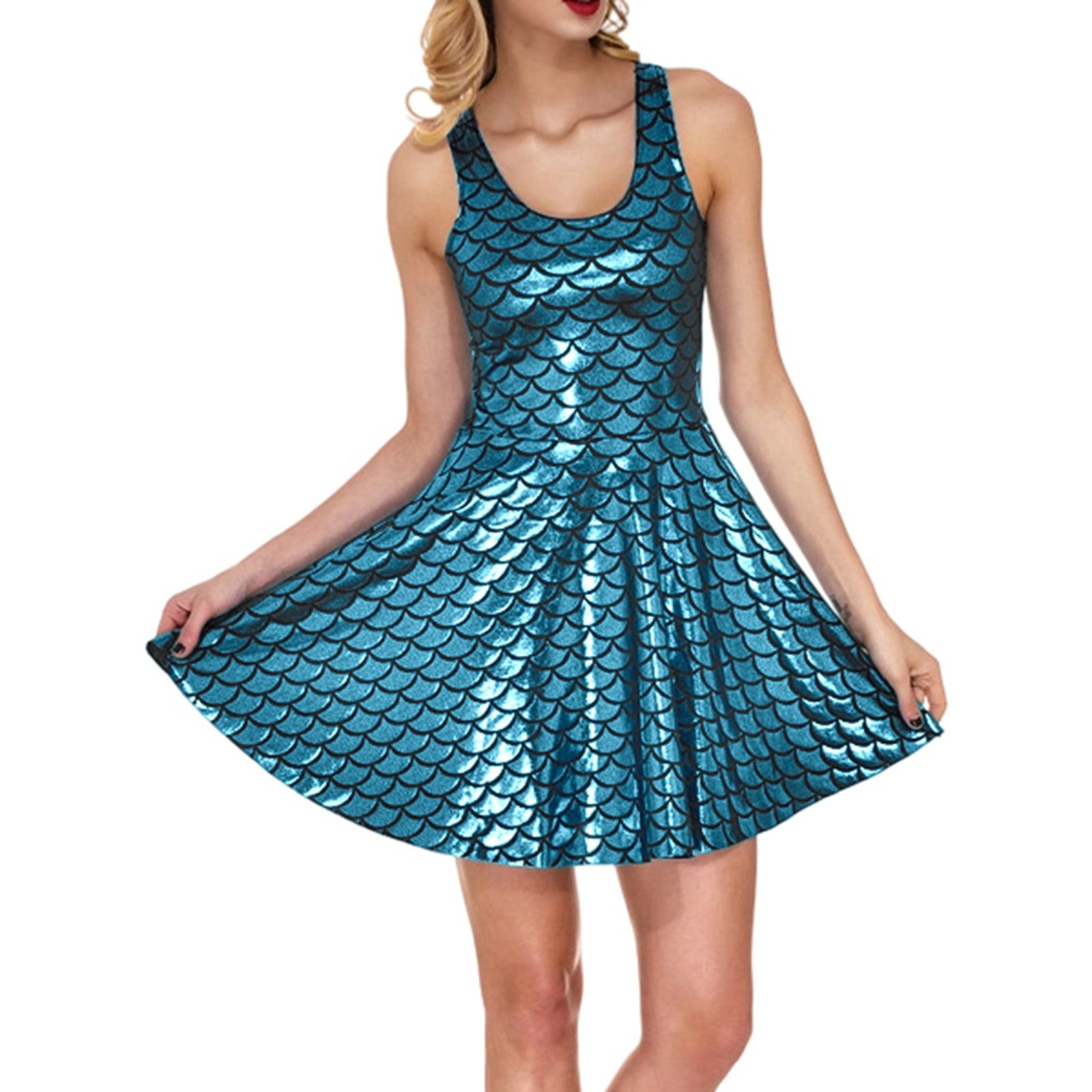 Casual Floral Print Neon Sequin Scale Glossy A Line Party Dress With ...