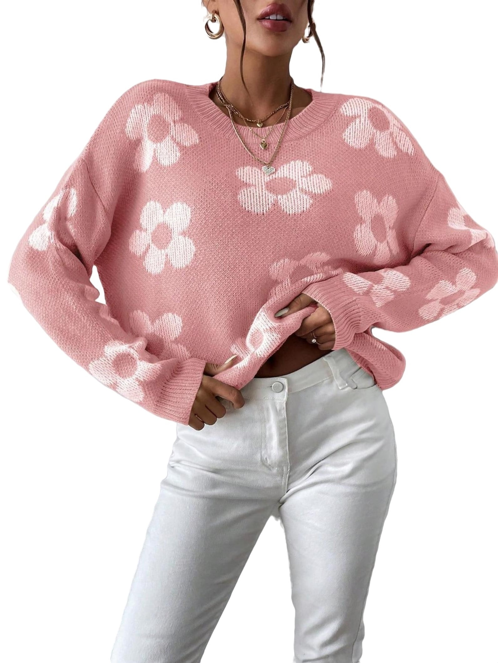 Casual Floral Print Round Neck Pullovers Long Sleeve Dusty Pink Women ...