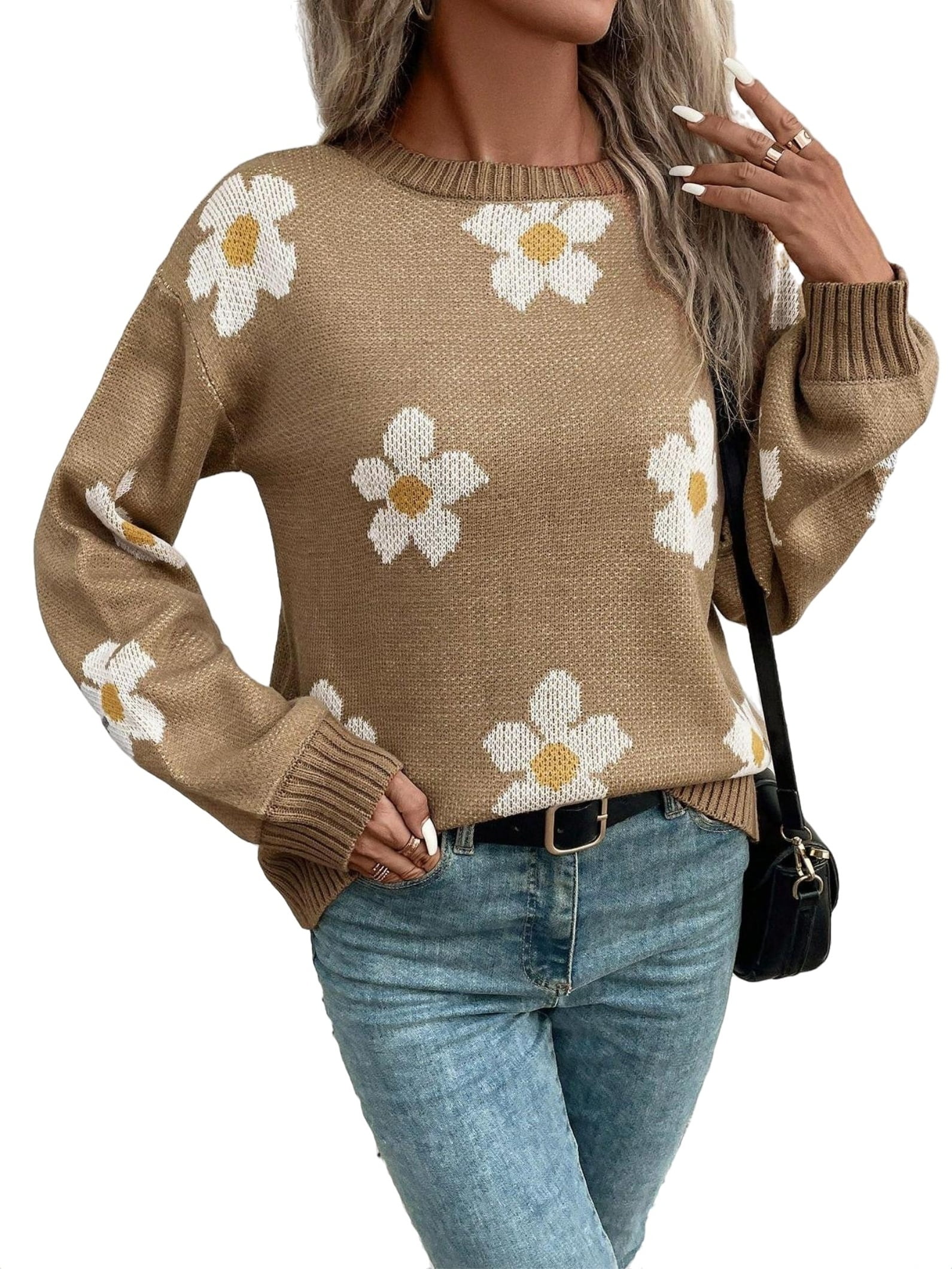 Casual Floral Print Round Neck Pullovers Long Sleeve Khaki Women ...