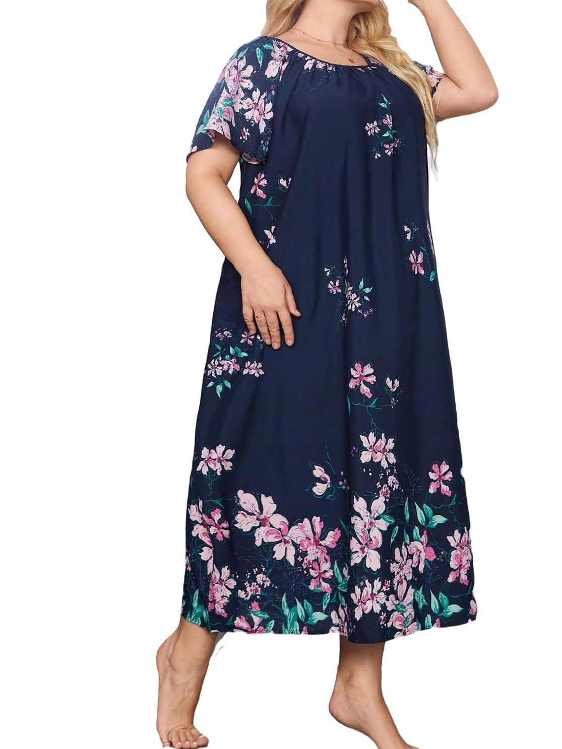 Casual Floral Print Round Neck Sleepshirts Short Sleeve Navy Blue Plus ...
