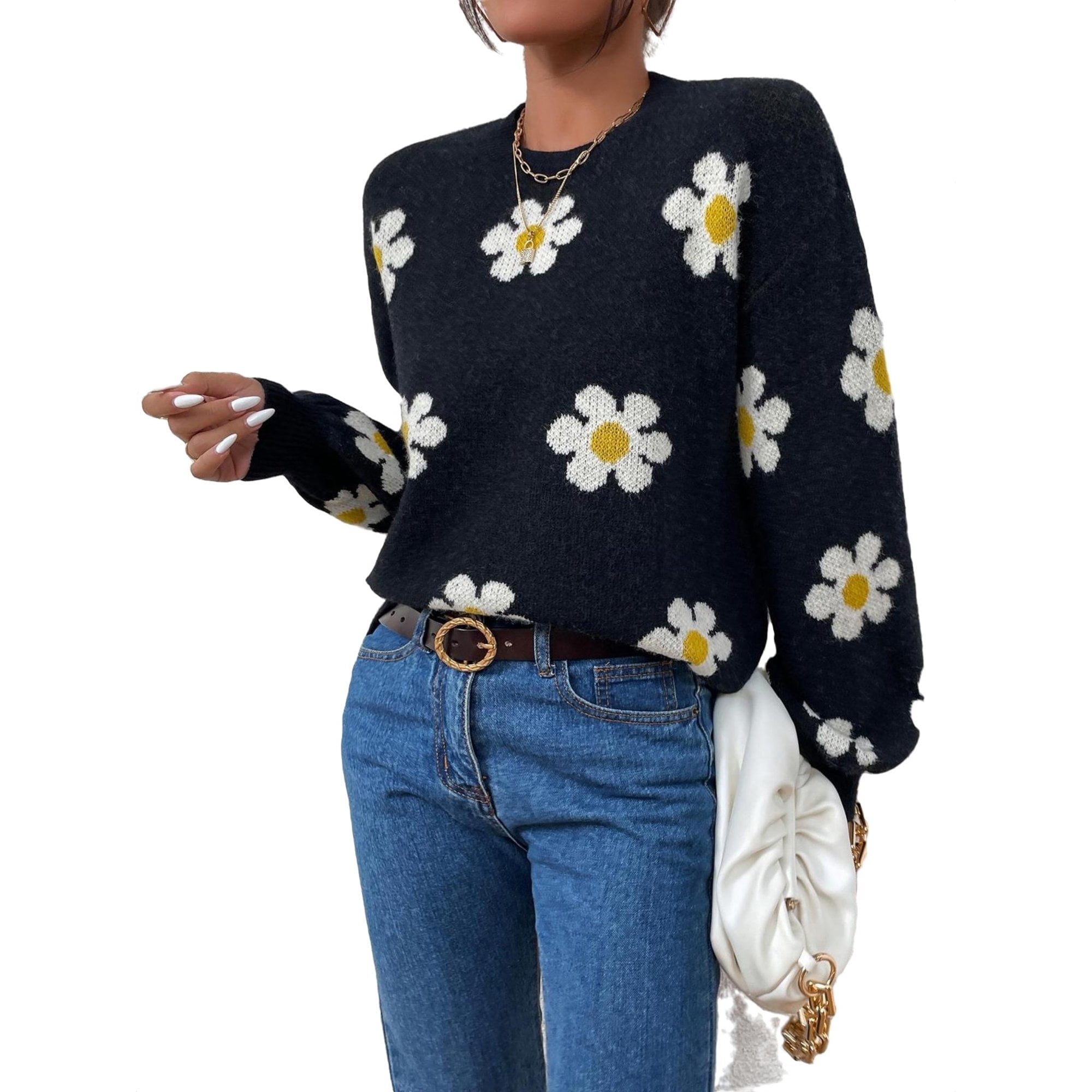 Casual Floral Round Neck Pullovers Long Sleeve Black Womens Sweaters ...