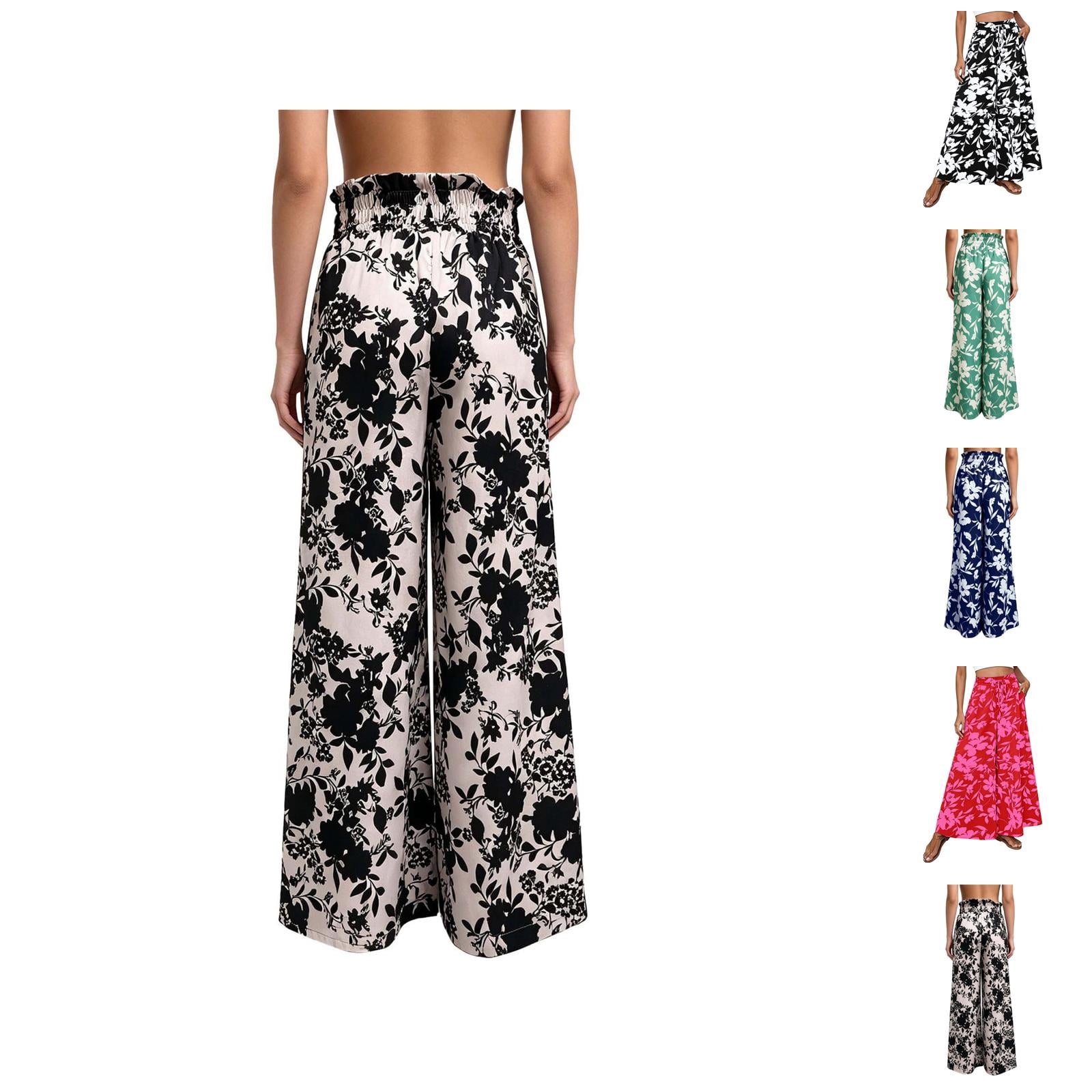 Casual Floral Wide Leg Pants High Waist Flowy Summer Long Trousers With ...