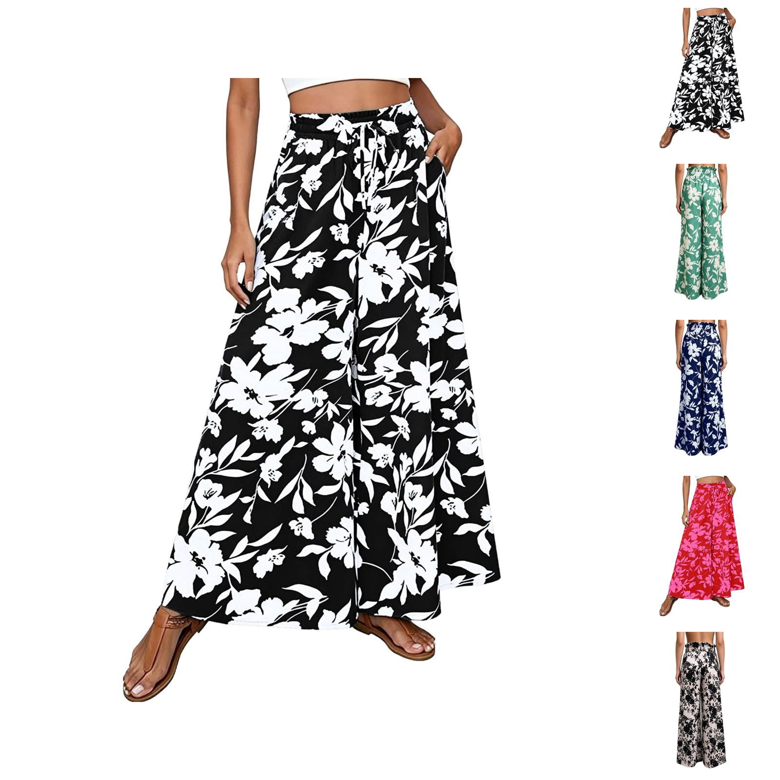 Casual Floral Wide Leg Pants High Waist Flowy Summer Long Trousers With ...