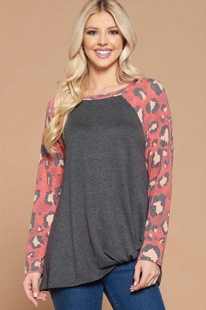 Casual French Terry Side Twist Top With Animal Print Long Sleeves ...