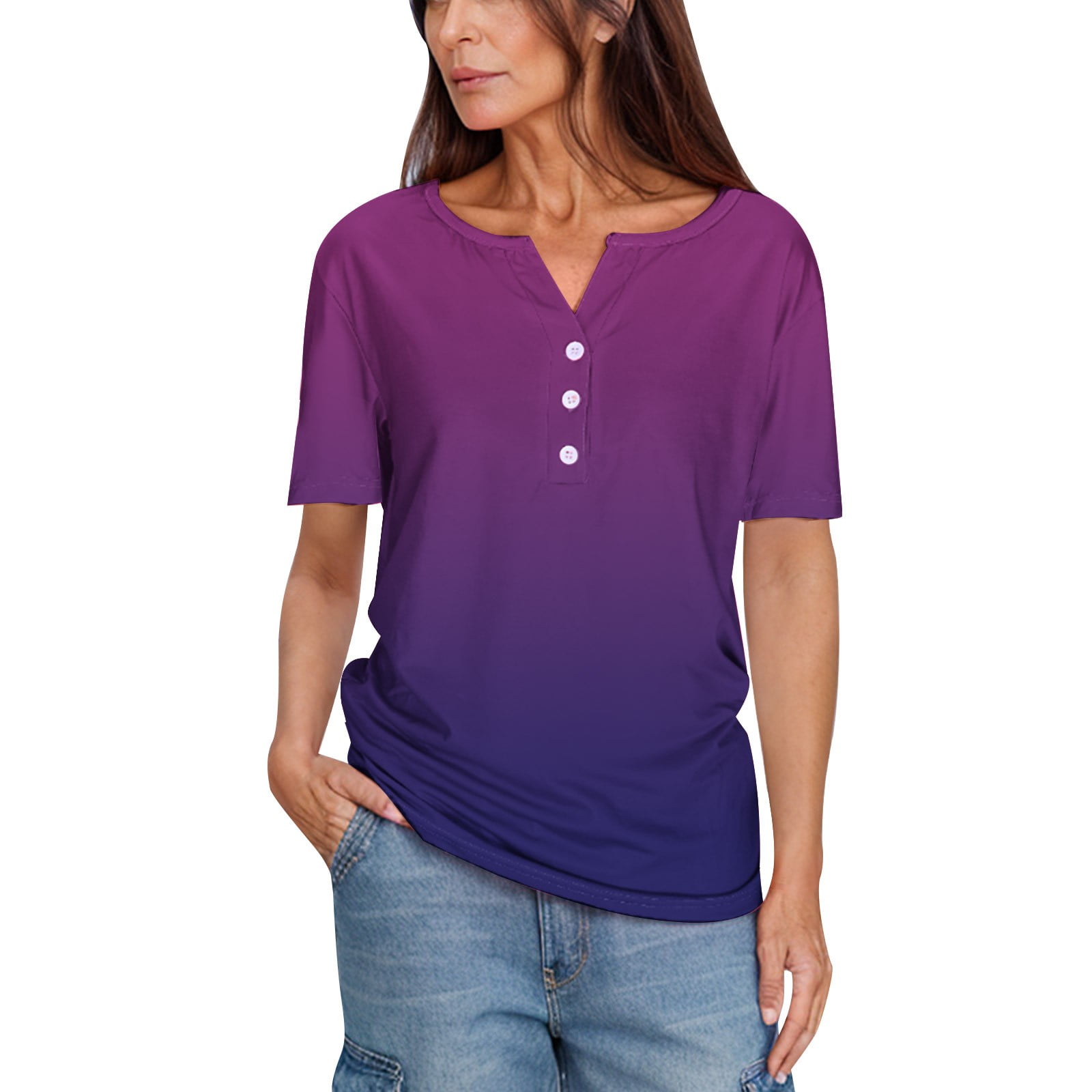Casual Gradient Color T Shirts for Women Three Quarter Length V Neck ...